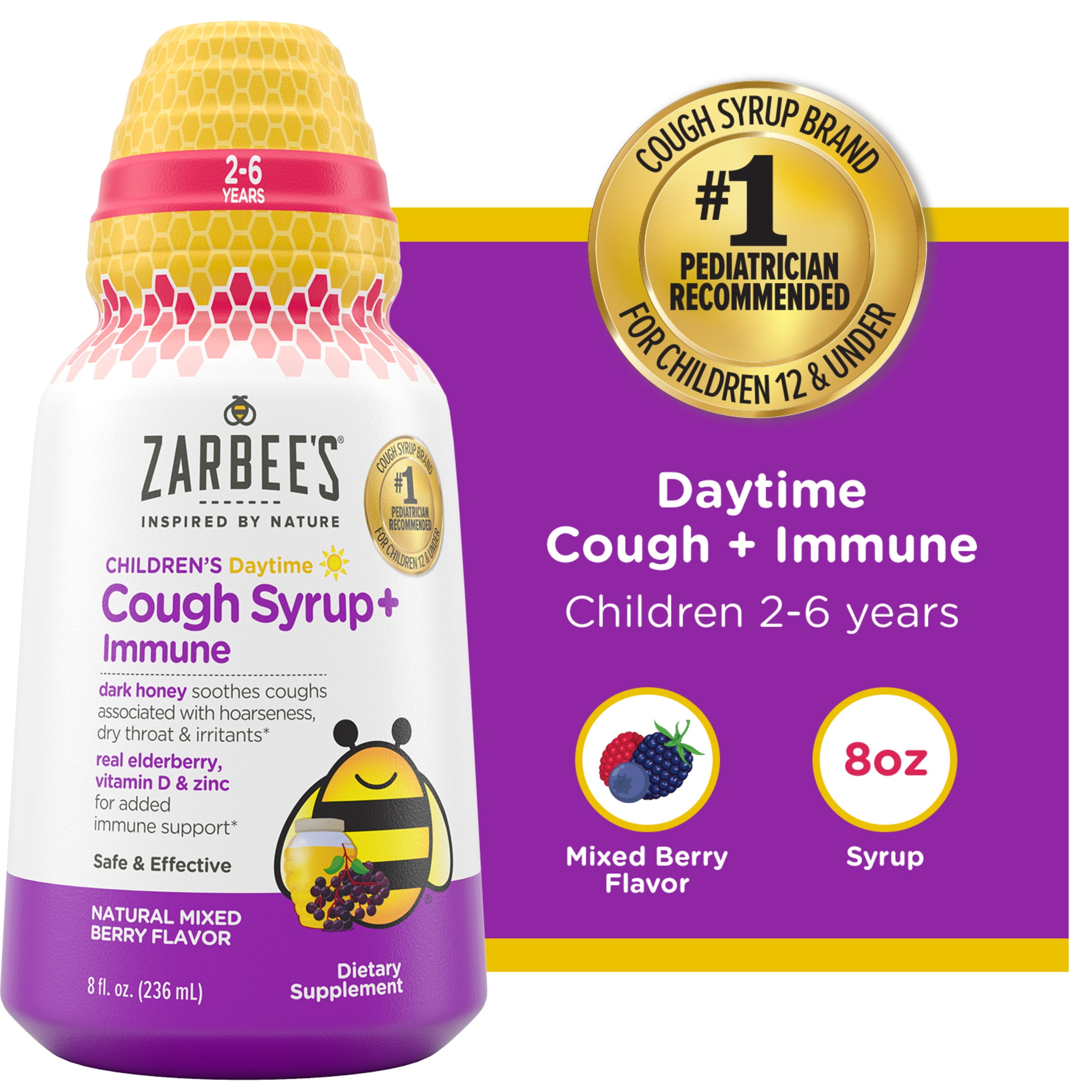 Zarbee’s Kids Cough + Immune Daytime for Ages 2-6 with Honey, Vitamin D ...