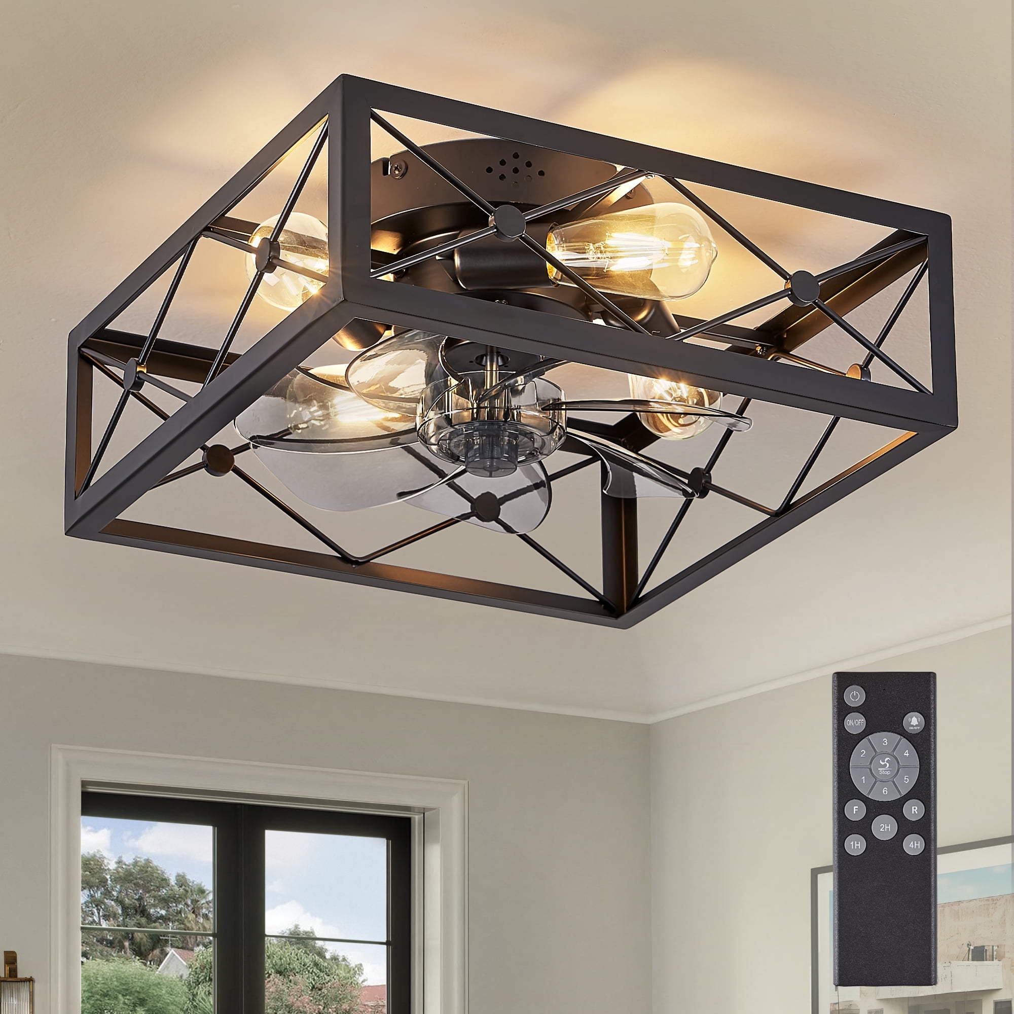 Zardon 16" Black Caged Ceiling Fan with Light & Remote – 6-Speed Quiet ...