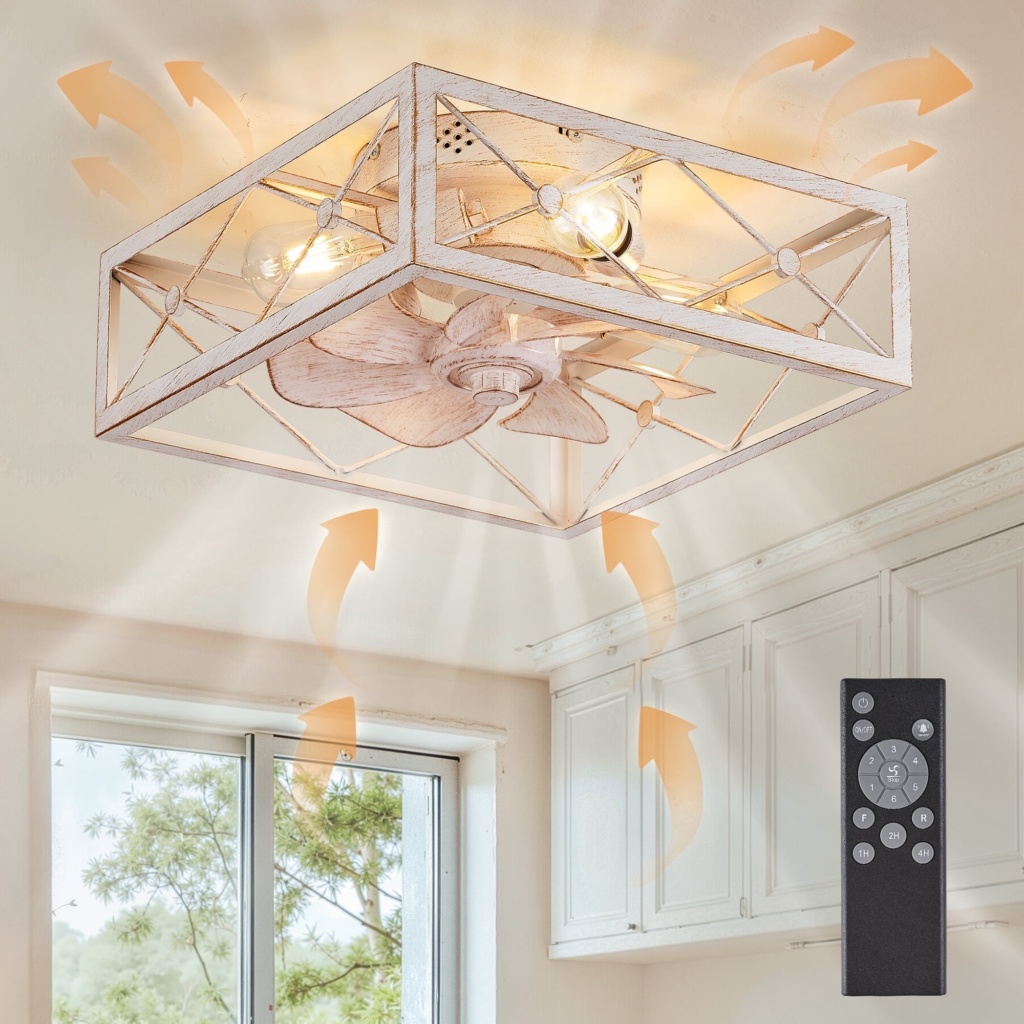 Zardon 16" Caged Ceiling Fan with Light and Remote, Low Profile Flush ...