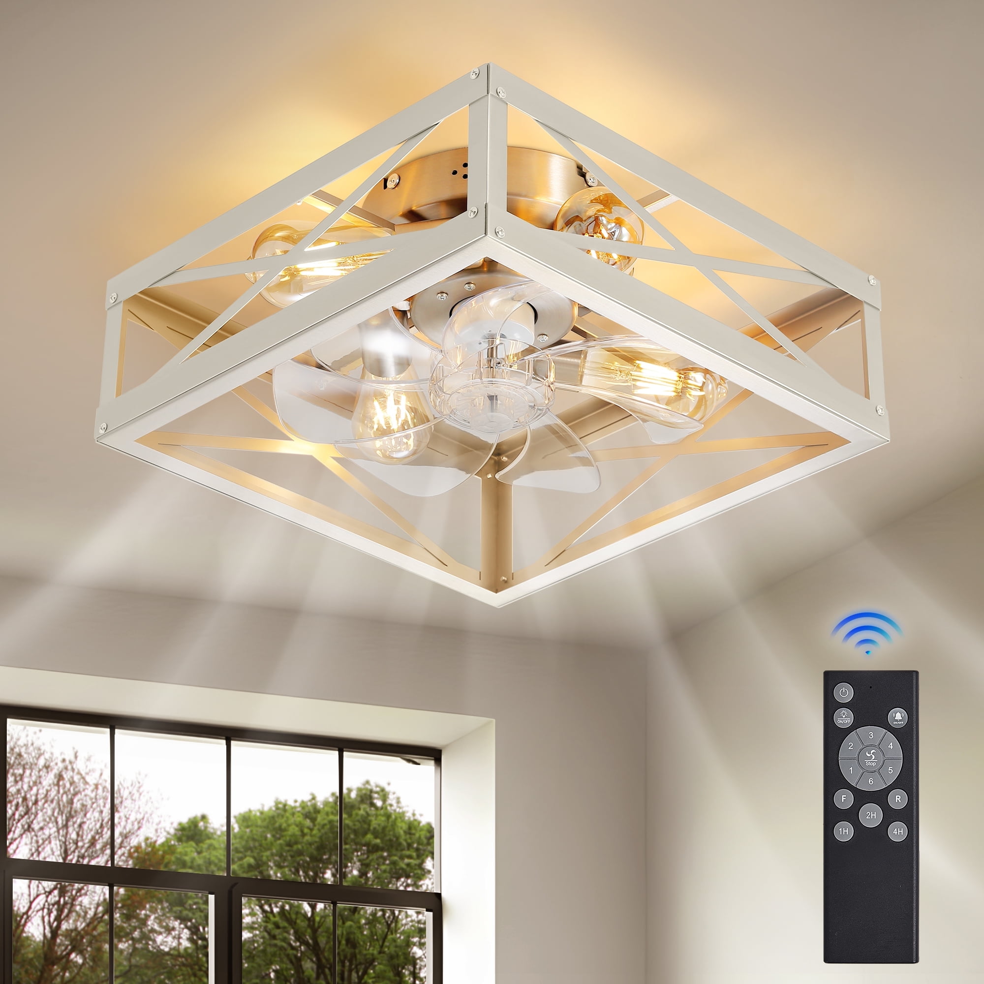 Zardon 16" Low Profile Caged Ceiling Fan with Light & Remote Control ...