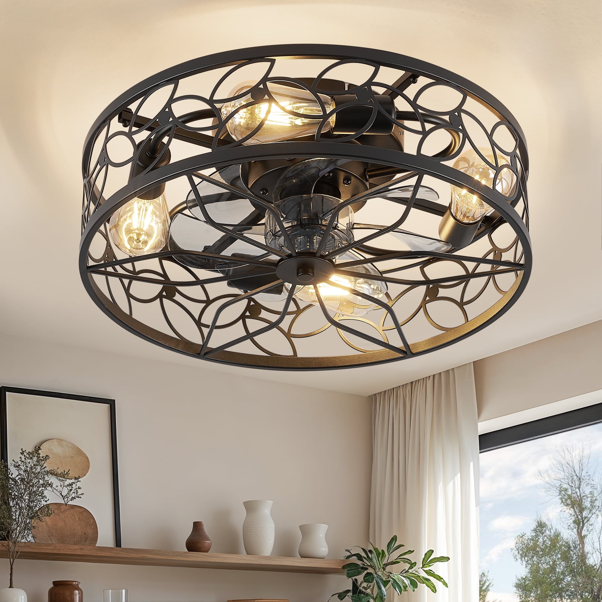 Zardon 18" Black Caged Ceiling Fan with Light and Remote Control ...