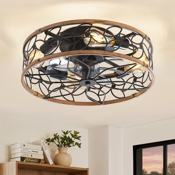 Zardon 18" Walnut Caged Ceiling Fan with Light and Remote Control ...