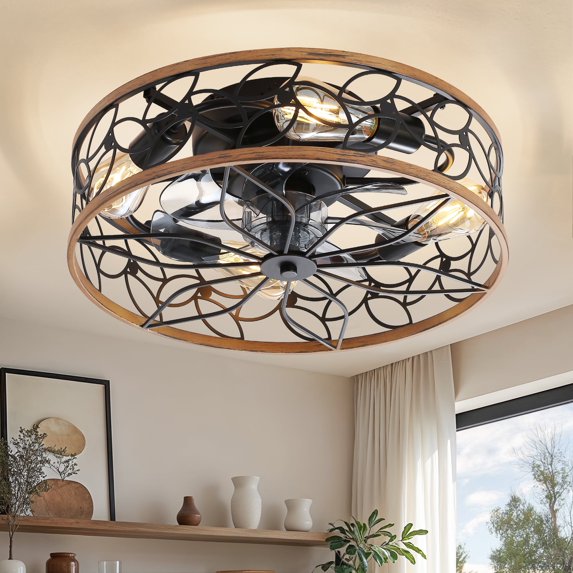 Zardon 18" Walnut Caged Ceiling Fan with Light and Remote Control ...