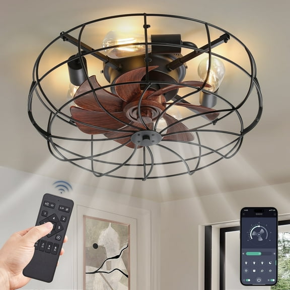 42 Inch Flush Mount Black Ceiling Fan with Light and Remote Control ...