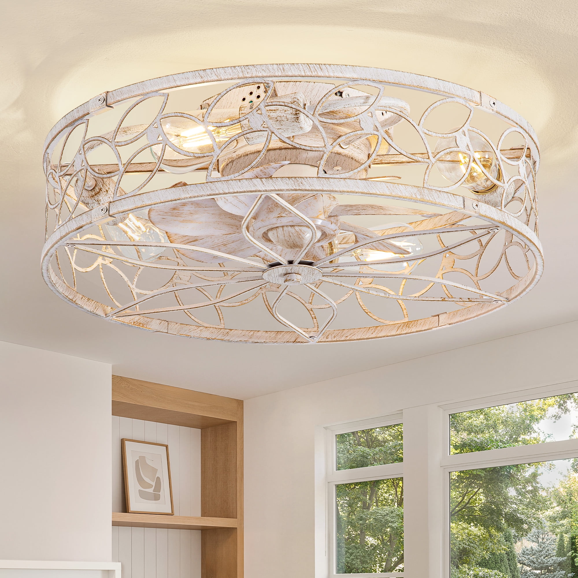 Zardon 20" White Gold Caged Ceiling Fan with Light and Remote Control ...
