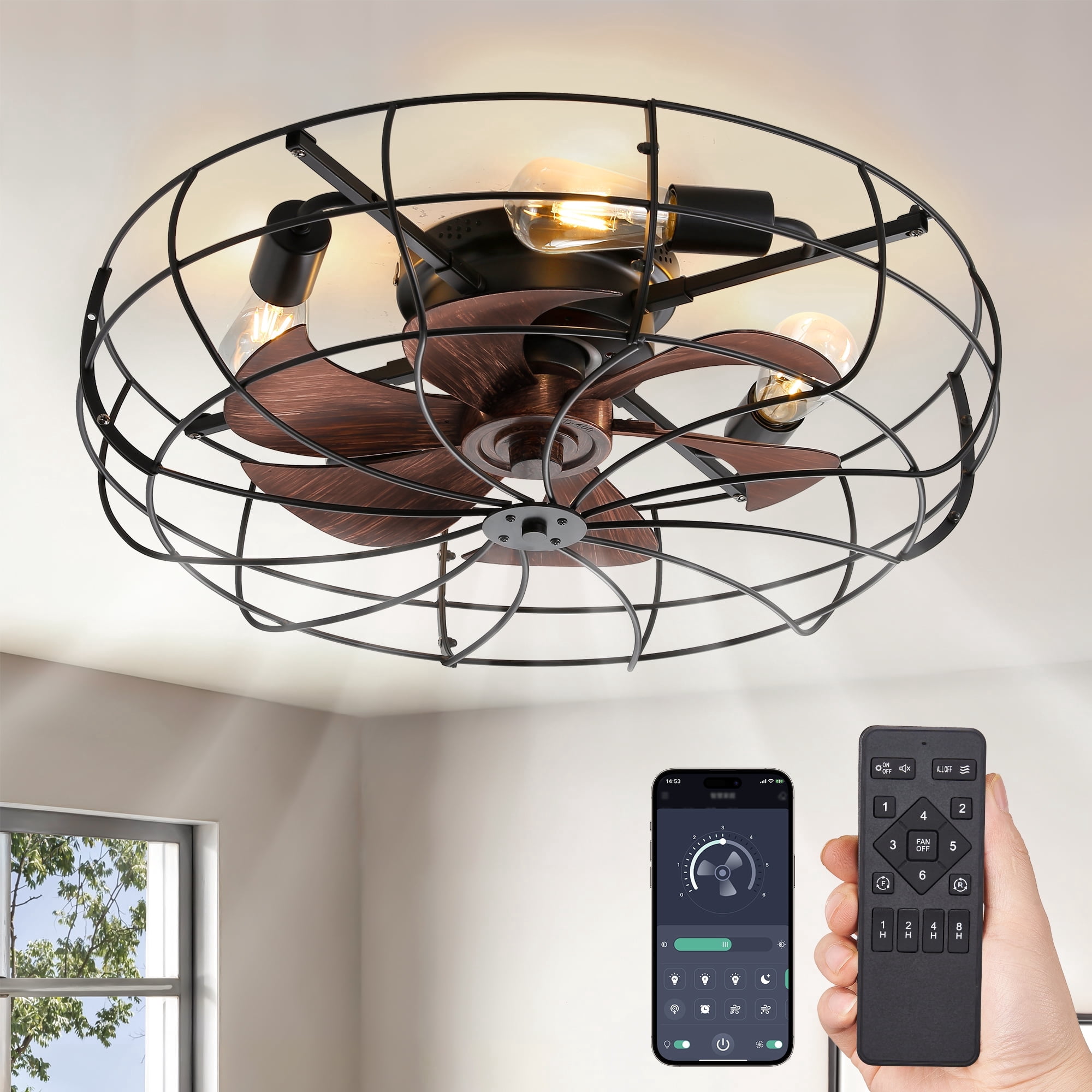 Zardon 23" Black Caged Ceiling Fans, Low Profile with Lights and Remote ...