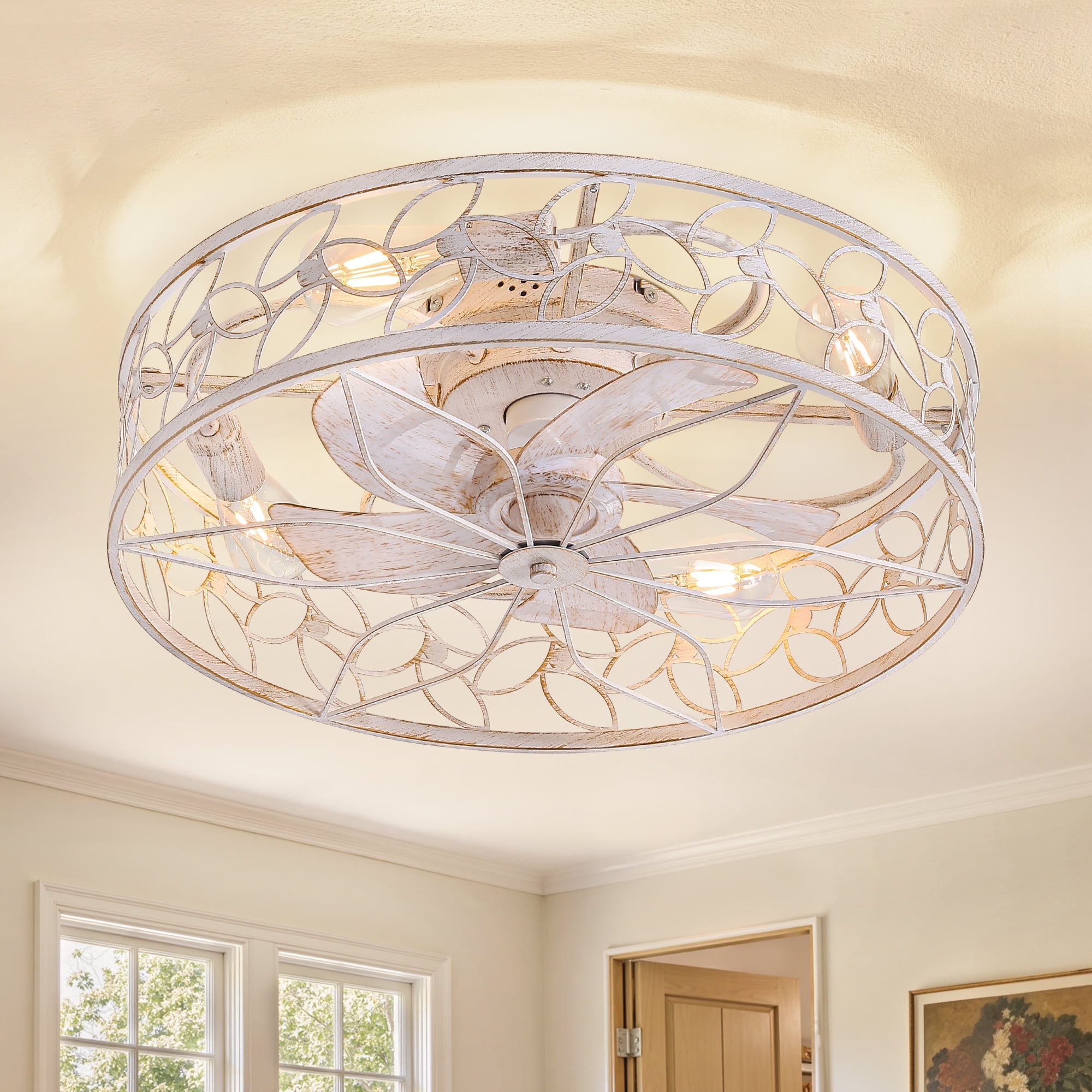 Zardon 23" White Gold Caged Ceiling Fan with Light and Remote Control ...