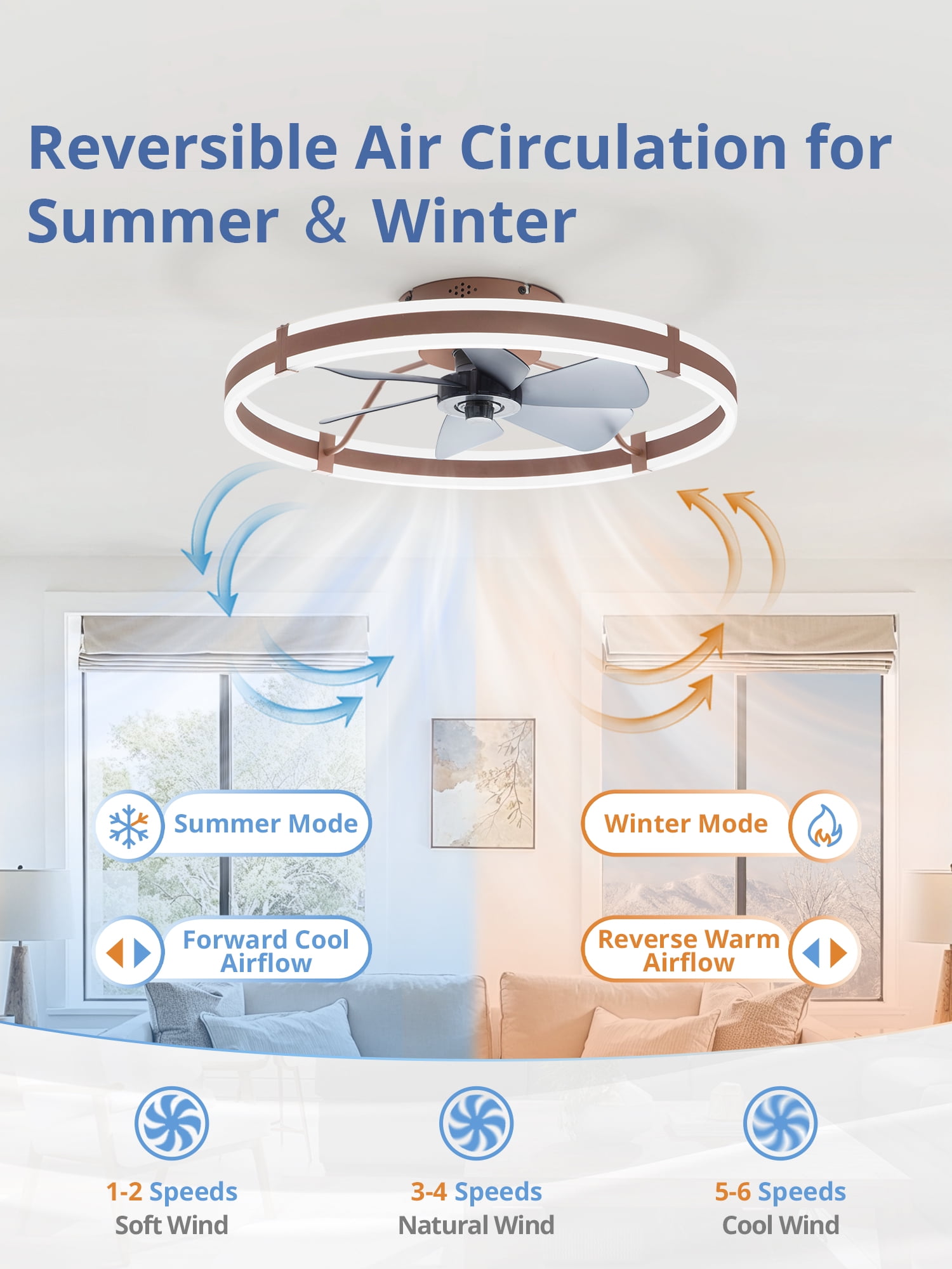 Zardon 24" Flush Mount Ceiling Fan, APP & Remote Control with LED Light ...