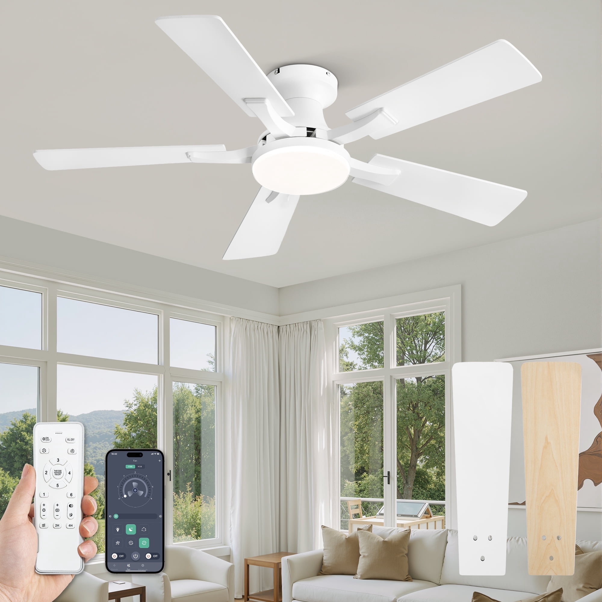 Zardon 42in Flush Mount Ceiling Fan with LED Light, Remote & App ...