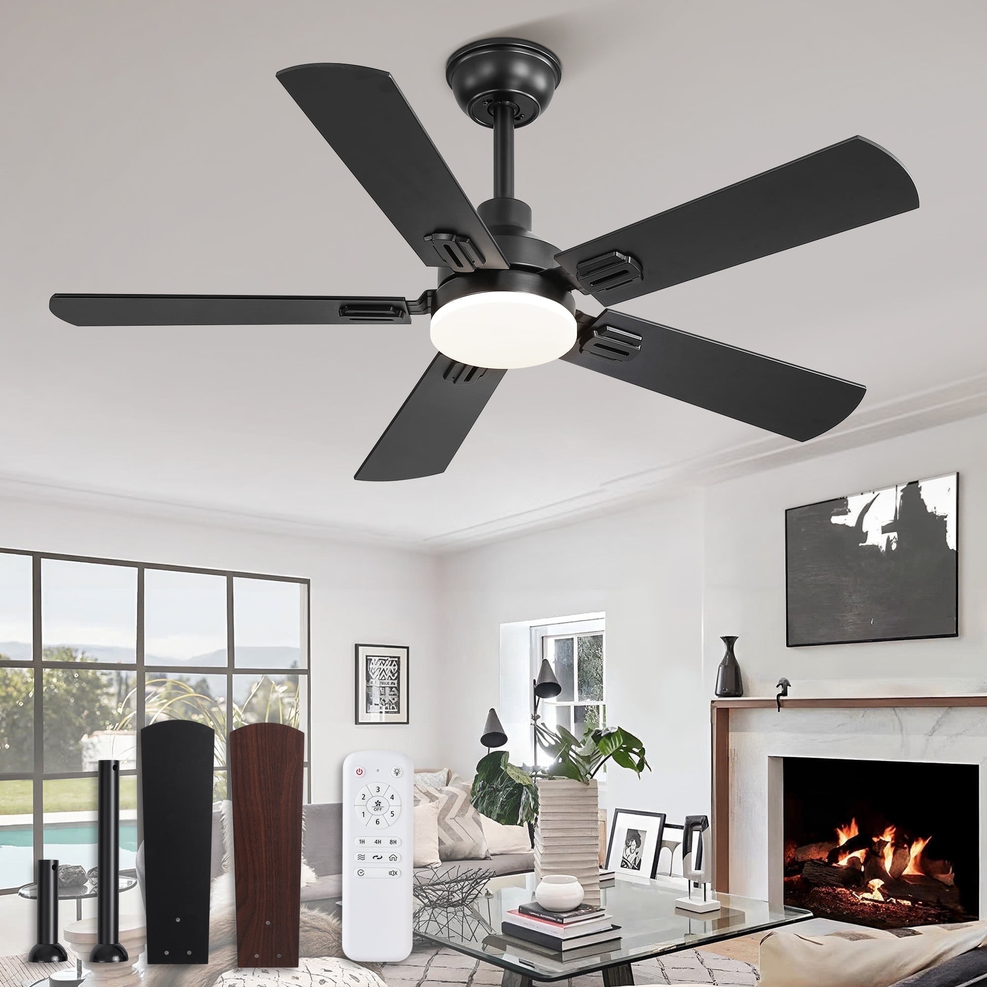 Zardon 44" Modern Black Ceiling Fan with Light & Remote, DC Motor ...