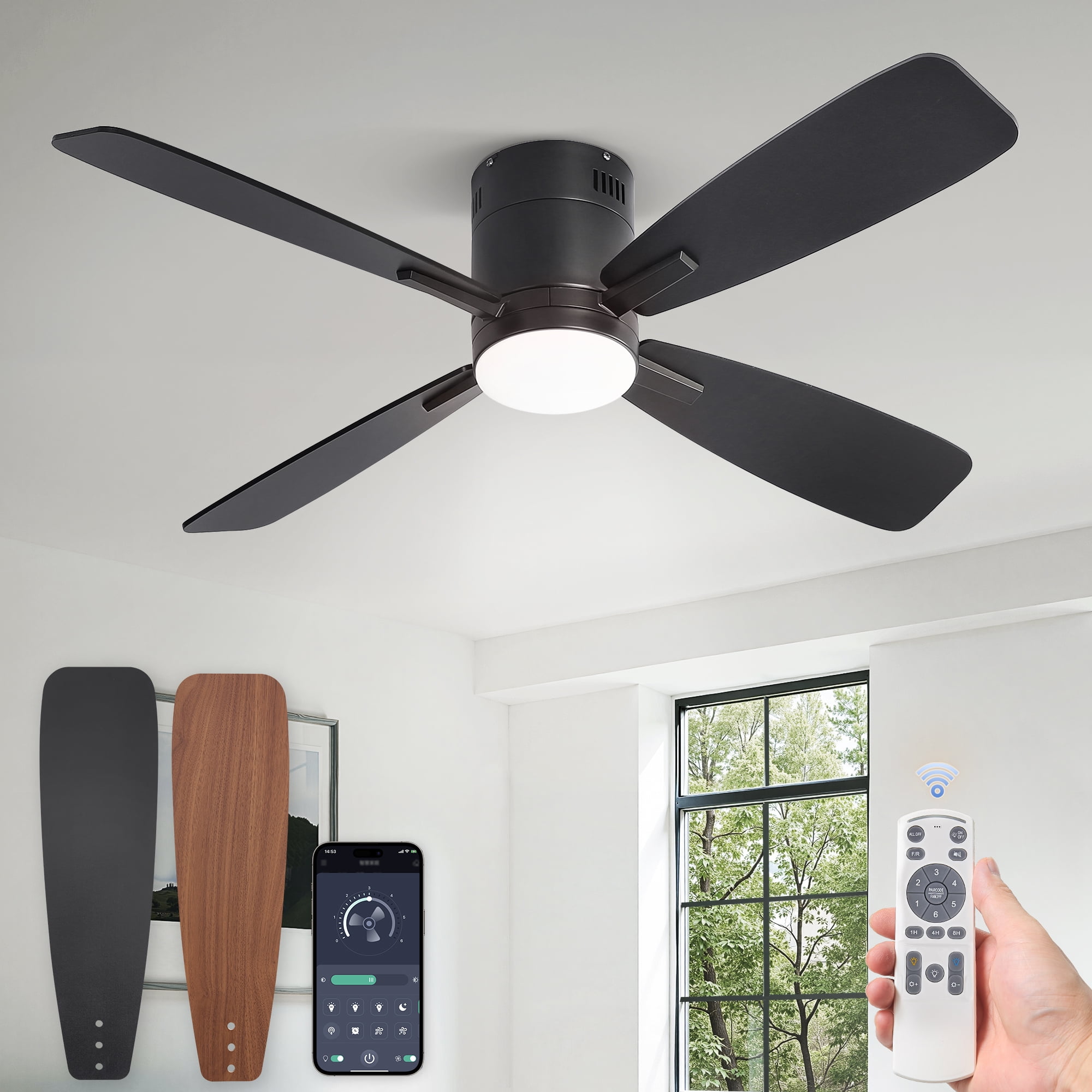 Zardon 46" Low Profile Modern Ceiling Fans, Flush Mount with Lights and ...