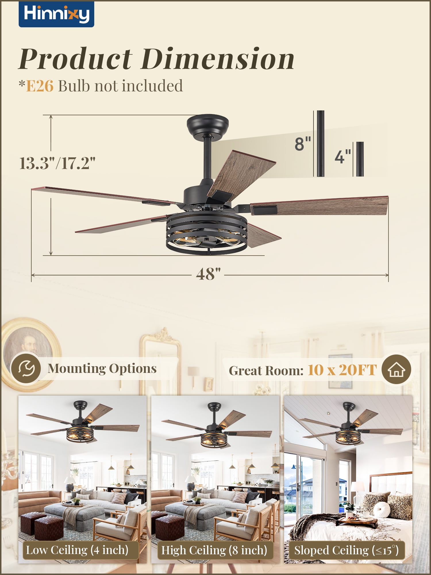 Zardon 48" inch Indoor Ceiling Fan with Light and Remote Control, Quiet ...