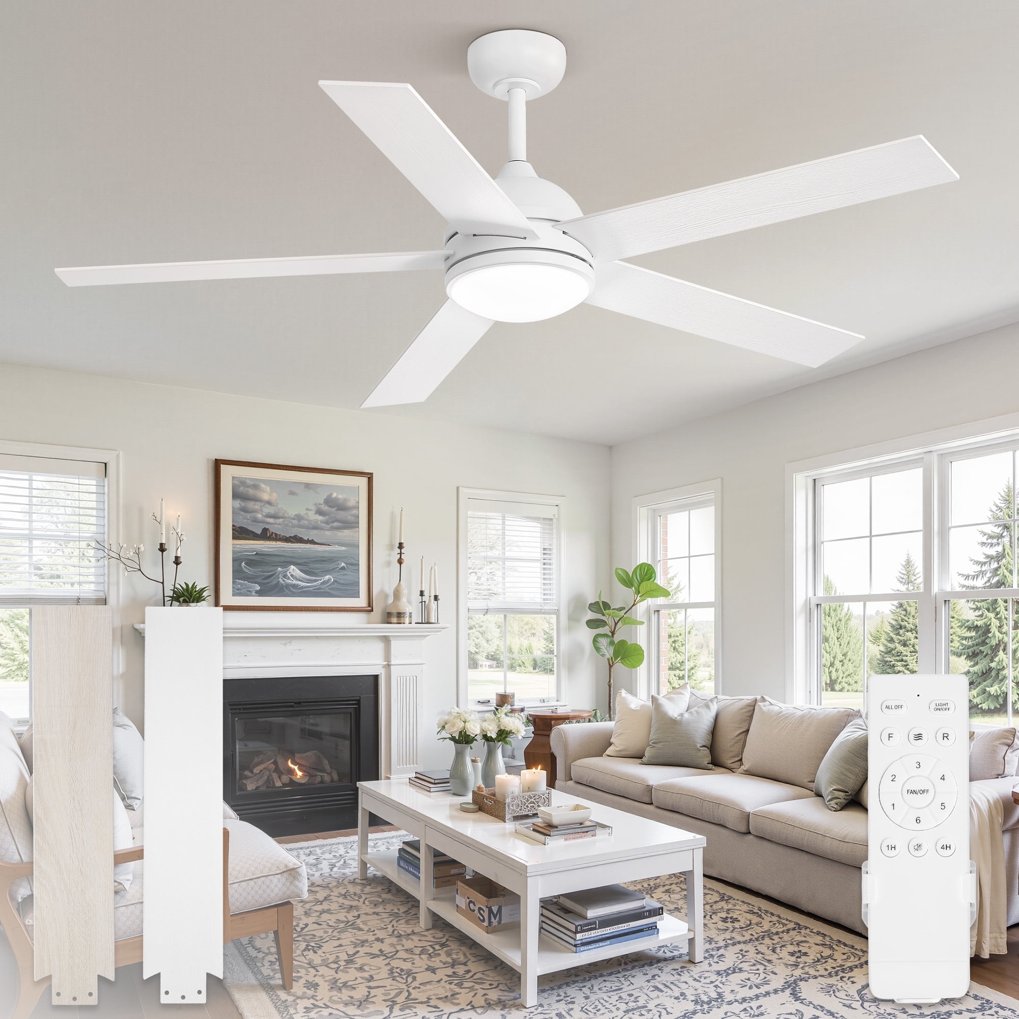 Zardon 52-inch Modern Ceiling Fan with Light and Remote Control, 6 ...