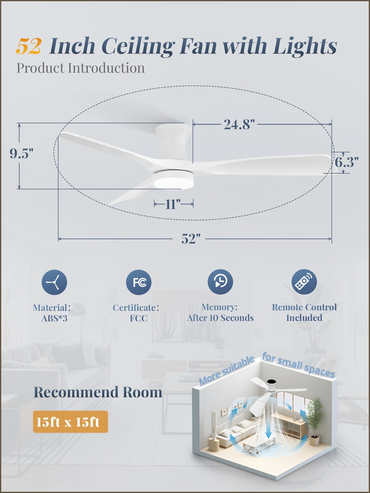 Zardon 52inch Ceiling Fan with Light, Low Profile 6 speed, DC ...