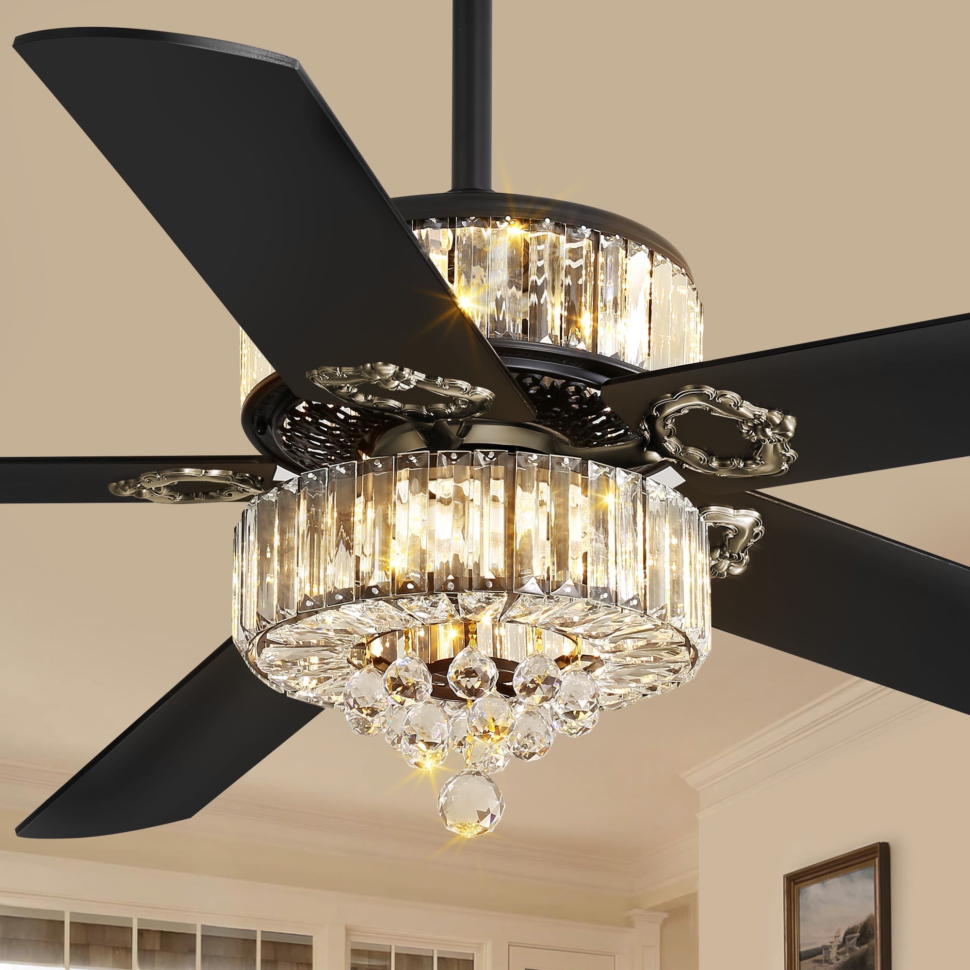 Zardon 60" Farmhouse Crystal Chandelier Ceiling Fan with Light, 6 ...