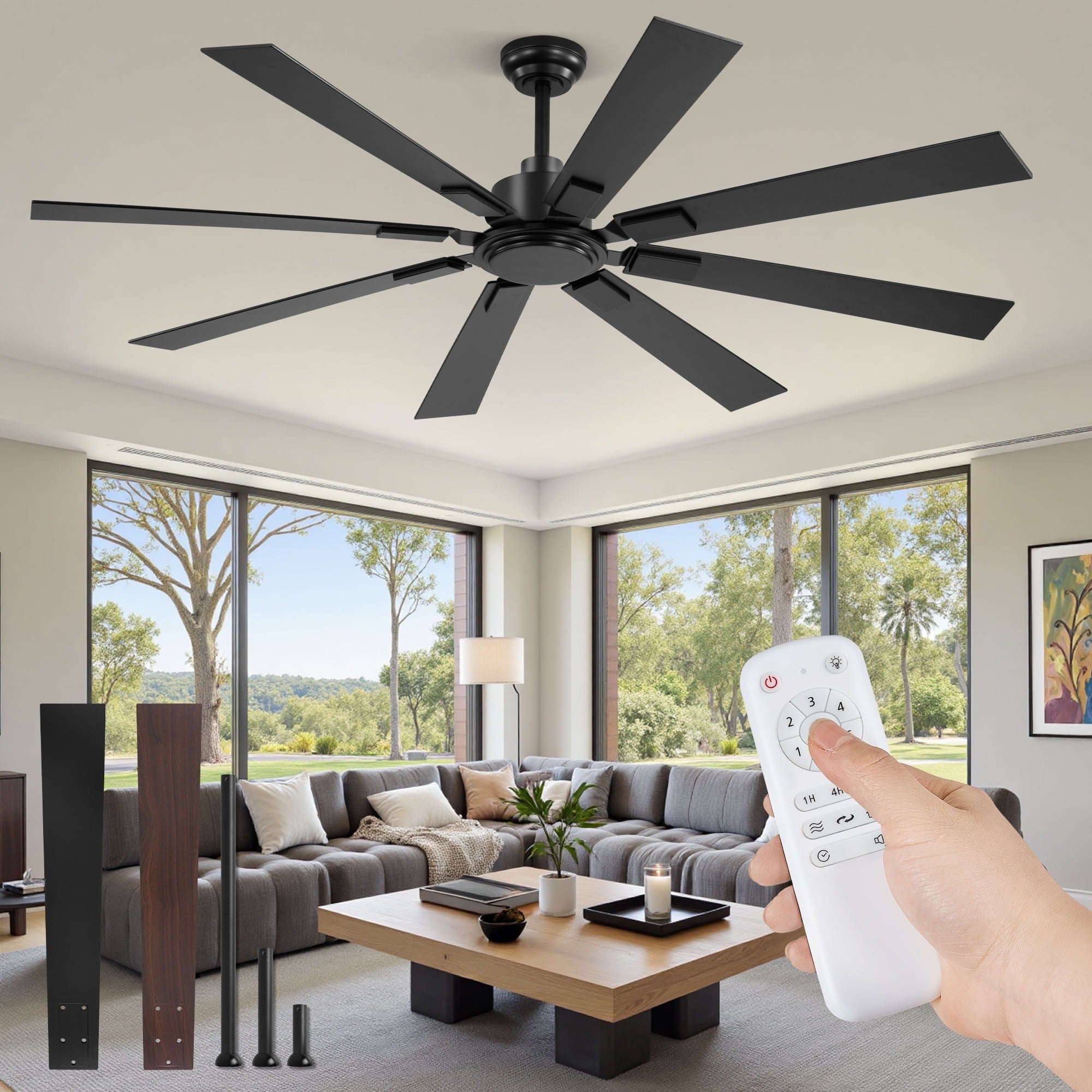 Zardon 65 inch Modern Ceiling Fan No Light with Remote Control, Indoor ...