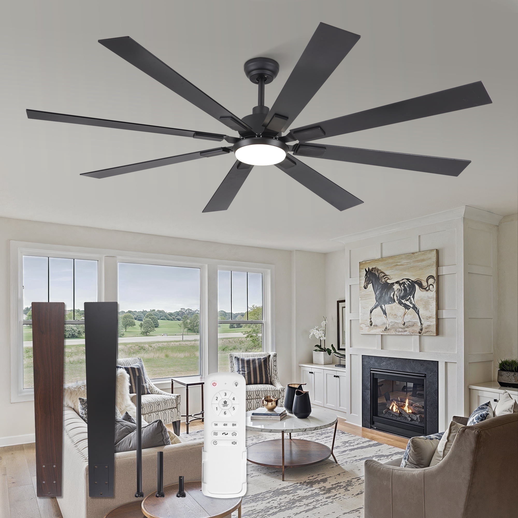 Zardon 72 inch Ceiling Fan, Modern Black with Light and Remote, 6 ...
