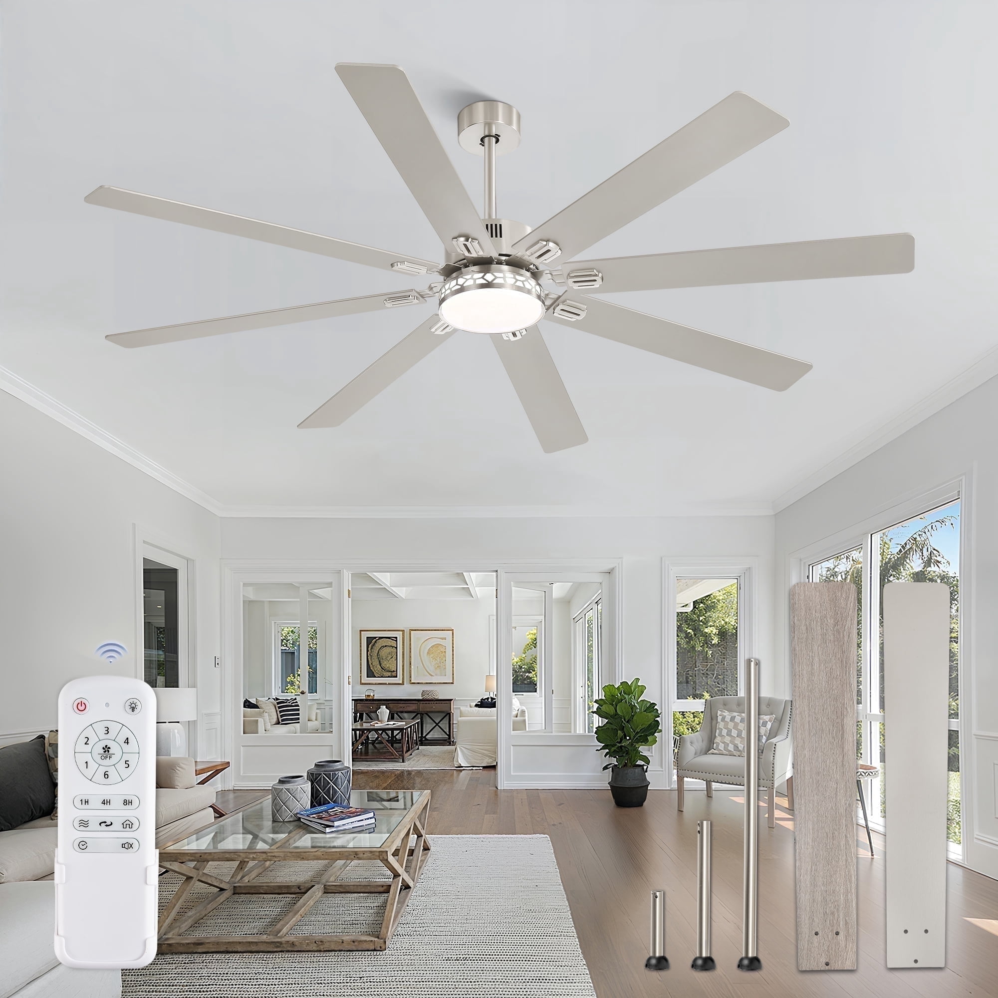 Zardon 72 Inch Farmhouse Ceiling Fan with Light & Remote, 8 Nickel ...