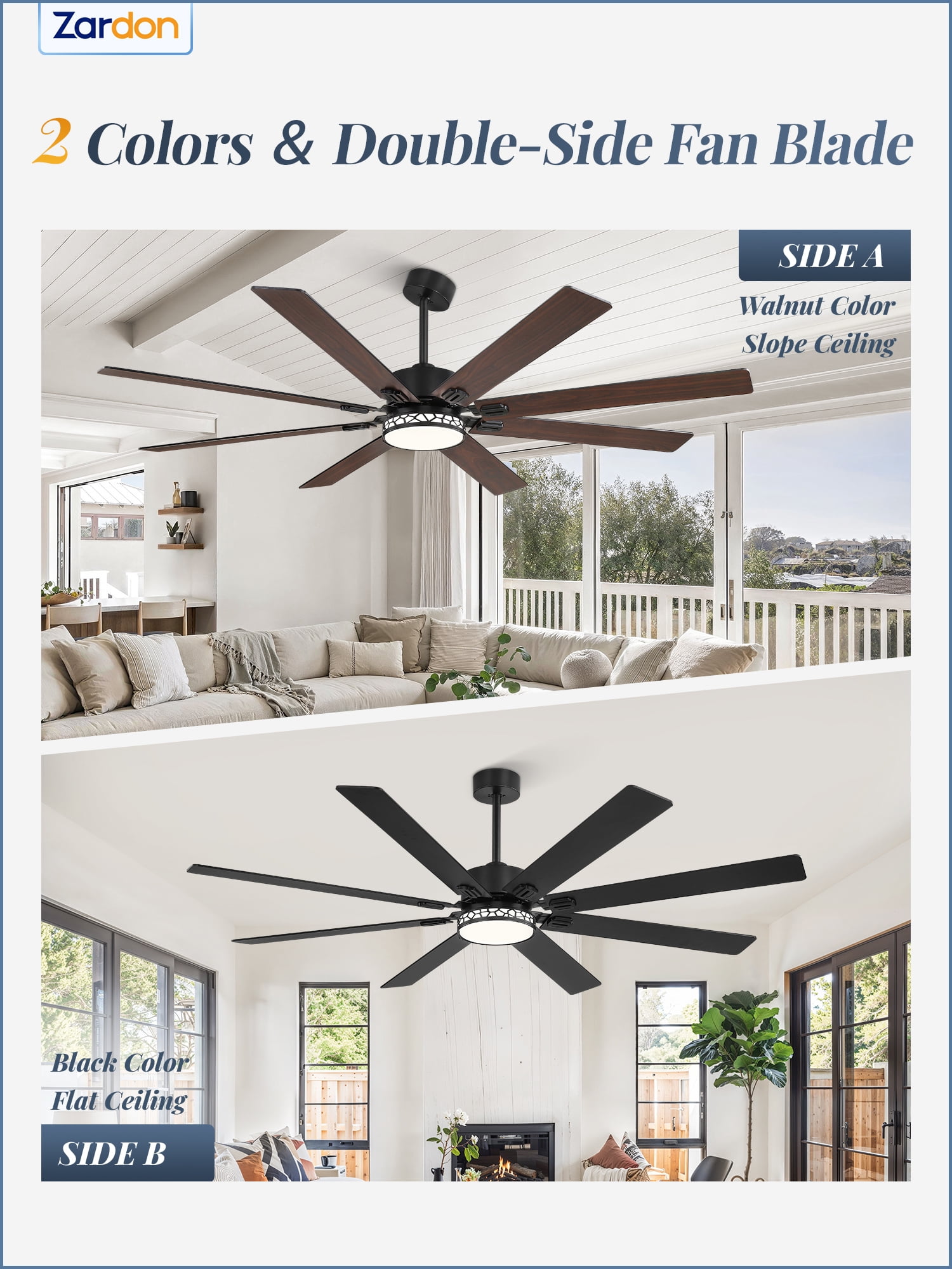 Zardon 72 inch Farmhouse Ceiling Fan with Light & Remote, 8 Black ...