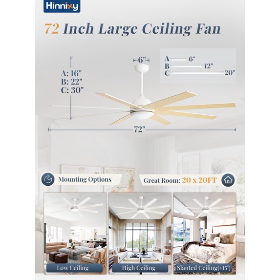 Zardon 72 inch Large Ceiling Fan with Light and Remote, Indoor White ...