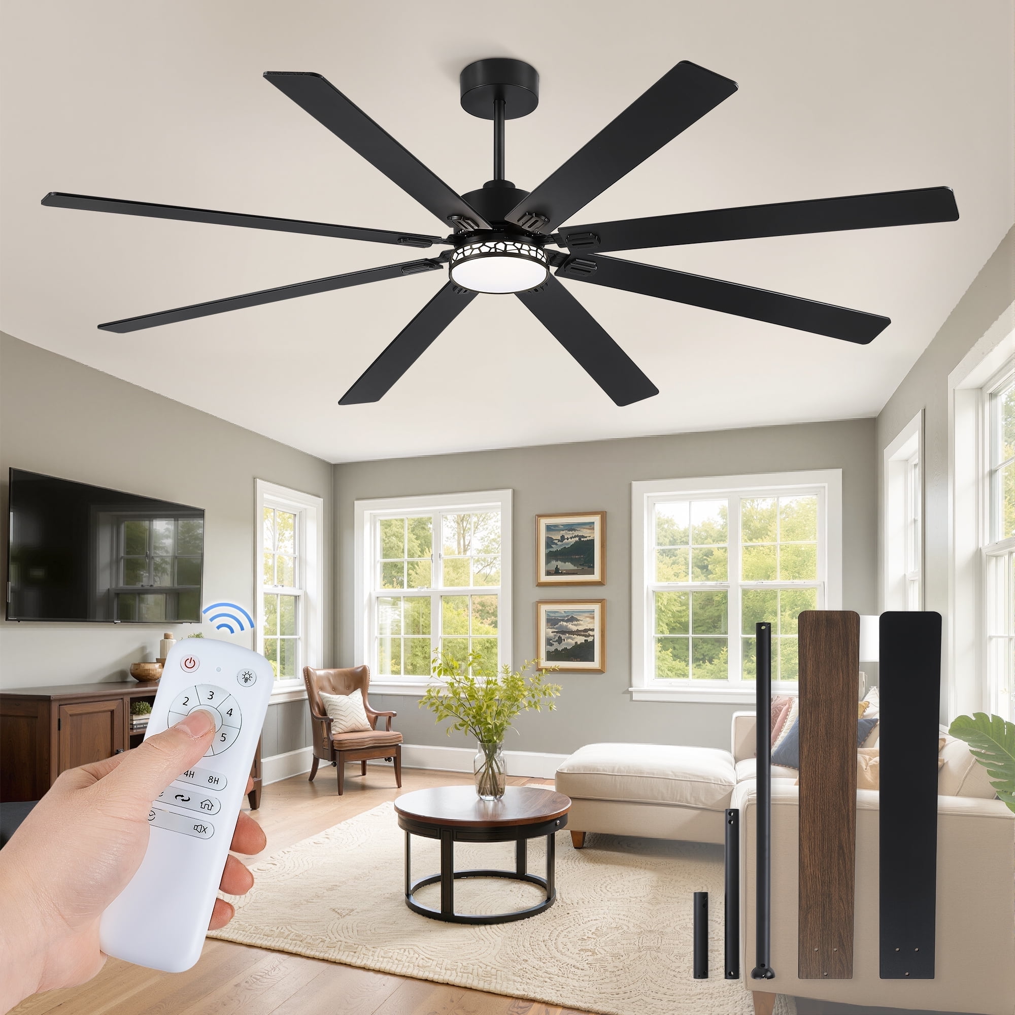 Zardon 84 Inch Farmhouse Ceiling Fan with Light & Remote, 8 Black ...