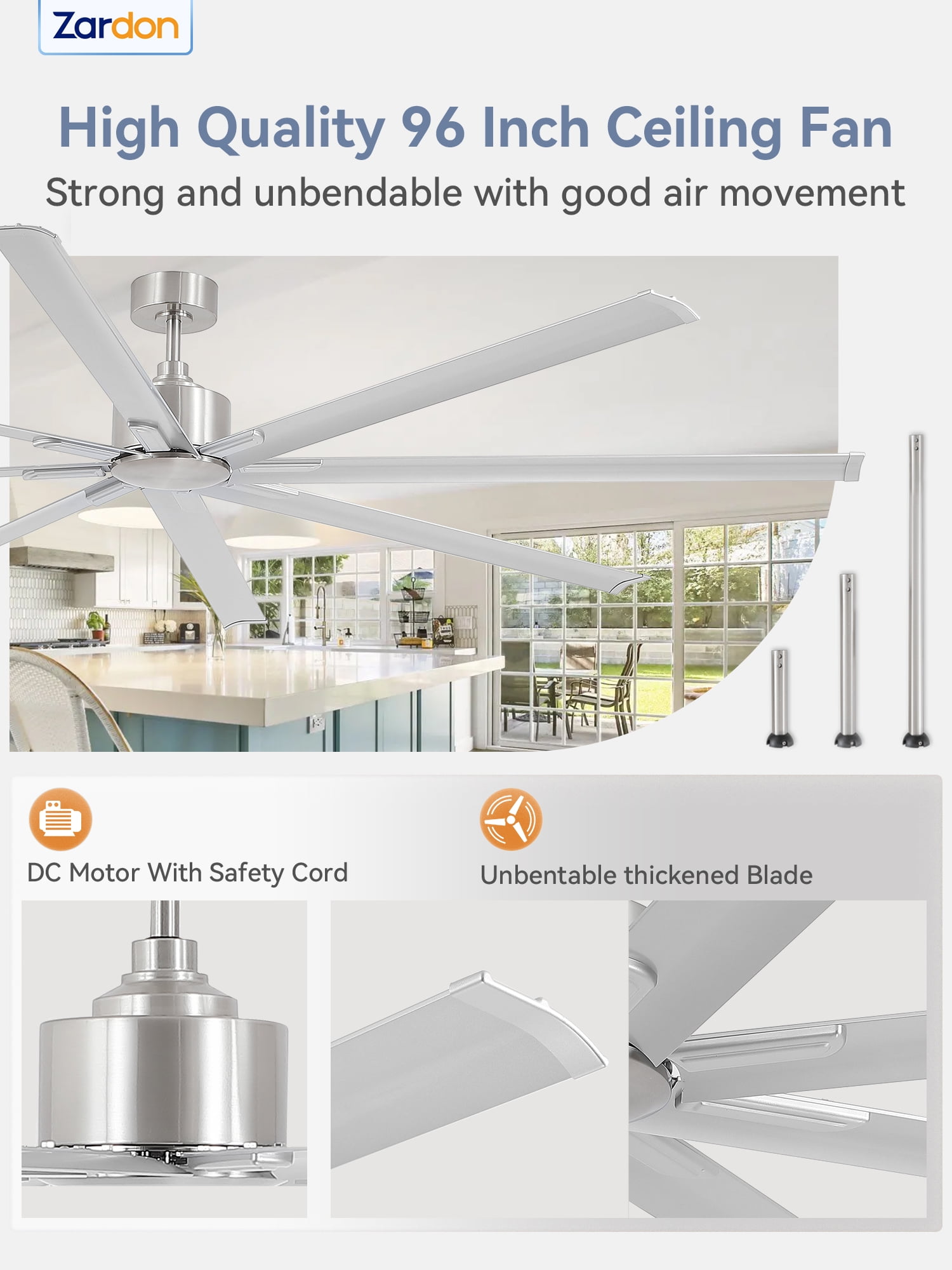 Zardon 96" Ceiling Fan with Light & Remote: Nickel Finish, Eco-Friendly ...