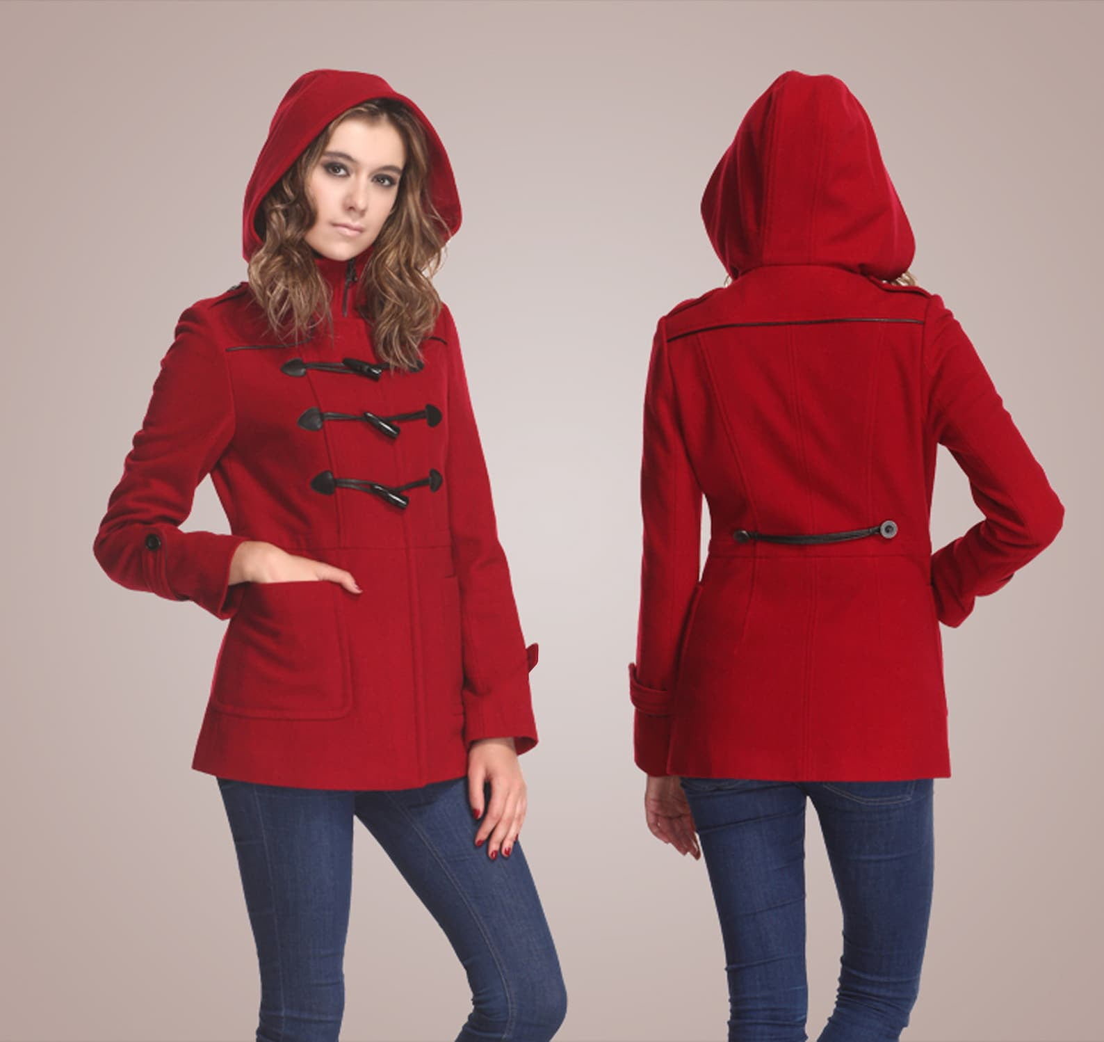 Zareen Wool Blend Duffle Coat with Hood-Red-M - Walmart.com