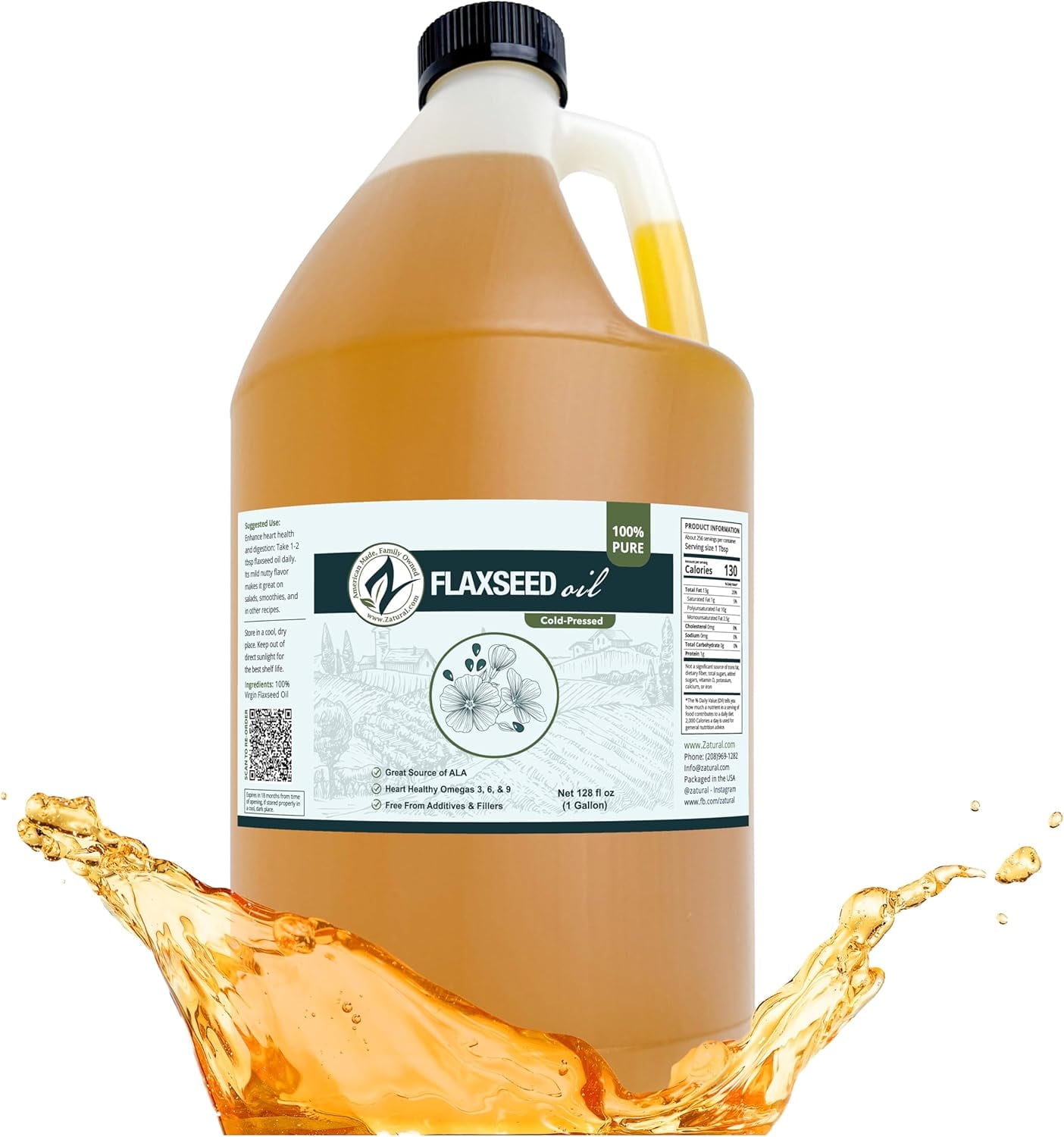 Zatural Cold Pressed Flaxseed Oil, 1 Gallon, Vegan Omega-3 - Walmart.com