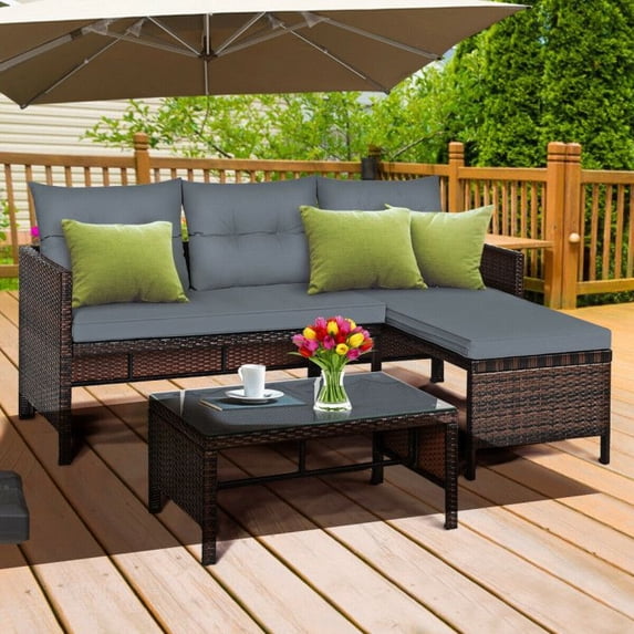 Zaverox Outdoor Patio 3-Piece Rattan Corner Sofa Set, L-Shaped ...