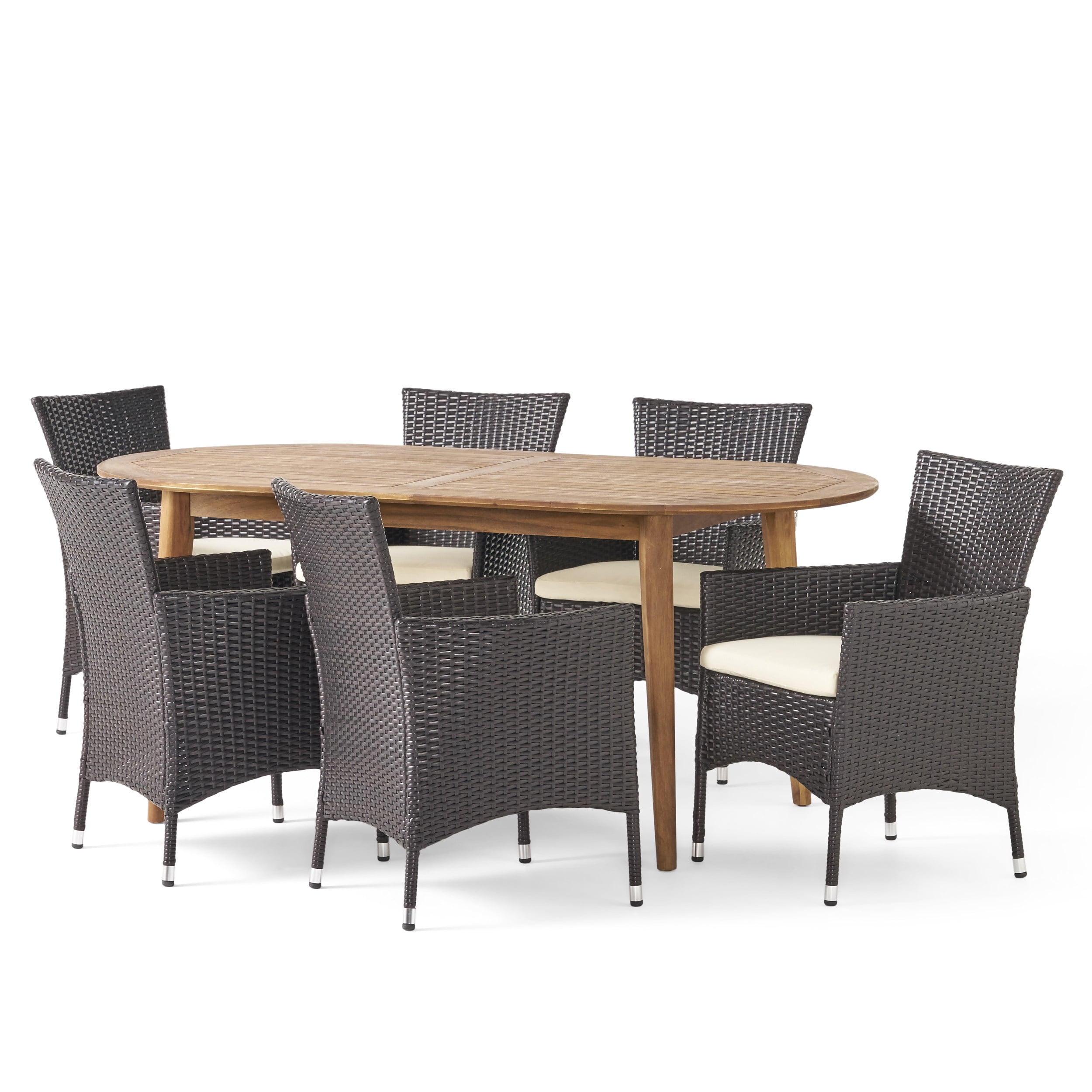 Zavier Outdoor 7-Piece Acacia Wood Dining Set with Wicker Chairs, Teak Finish - Walmart.com