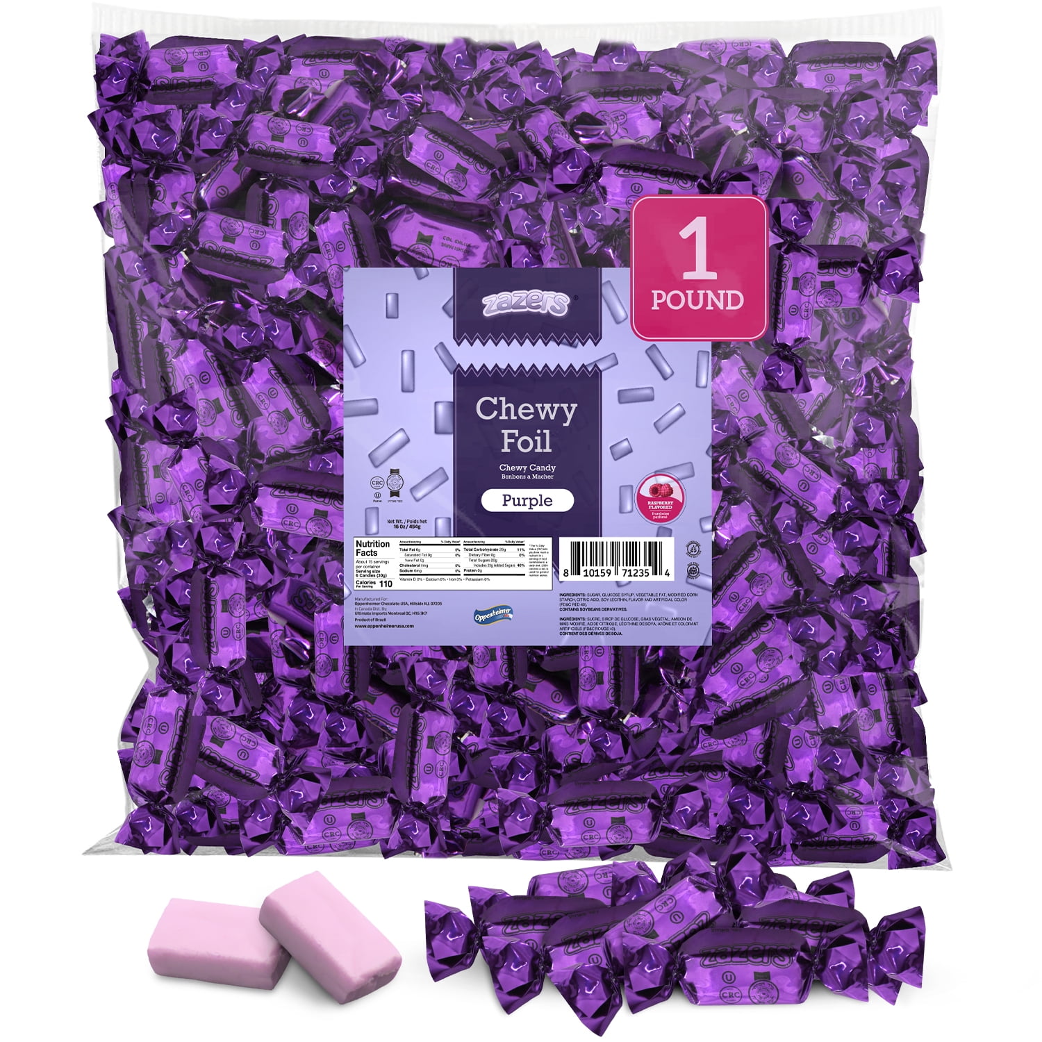 Zazers Purple Chewy Foil Candy - 1 Pound - Raspberry Flavor ...