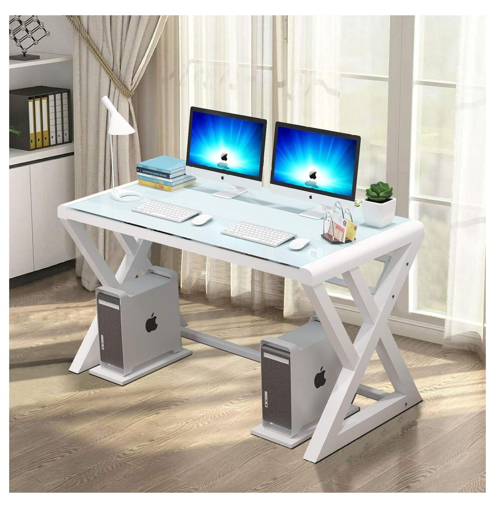 Zazesaby Glass Desk, Modern Computer Desk with Carbon Steel Frame and ...