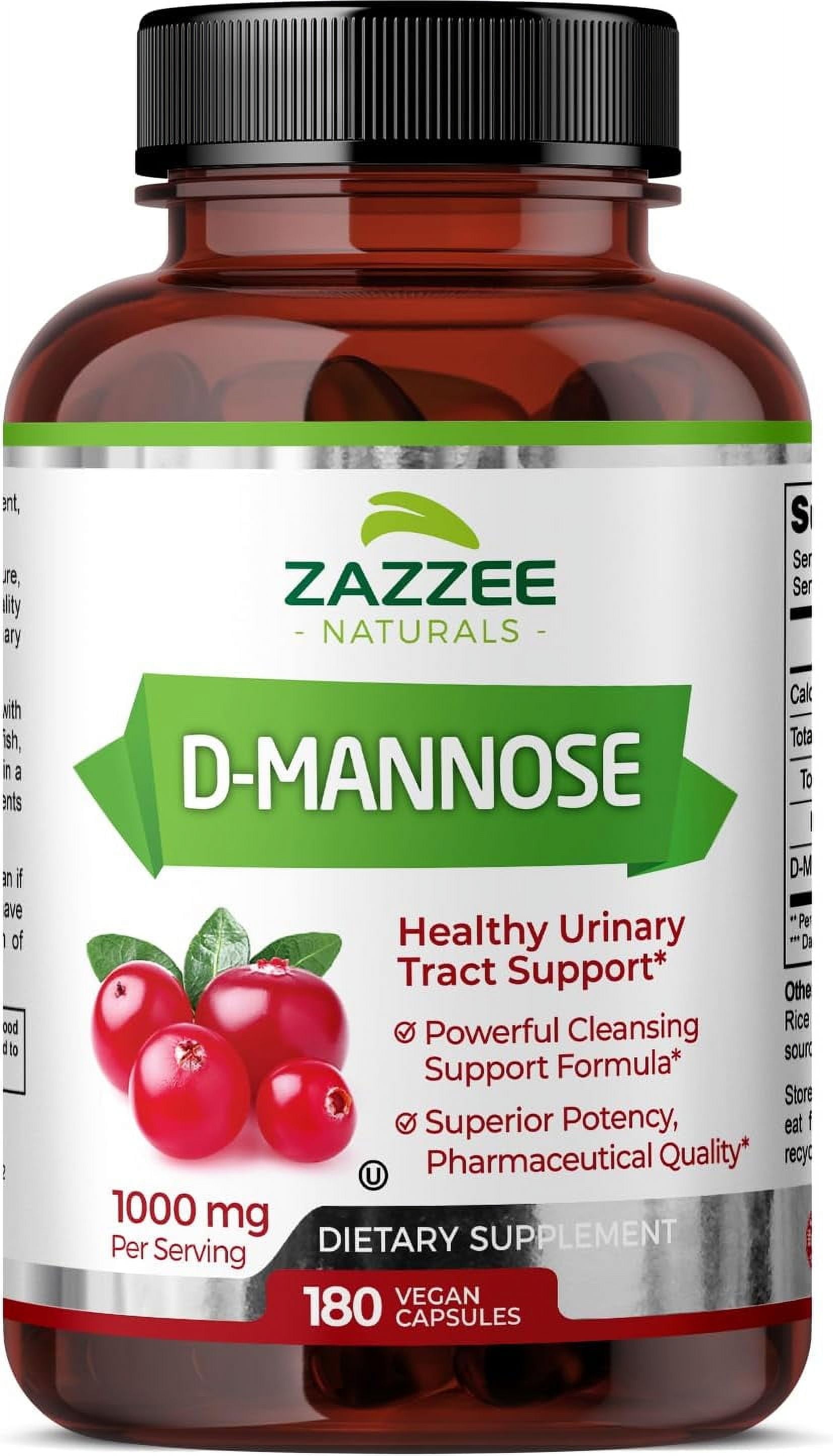 Zazzee Naturals D-Mannose 1000 mg per Serving, 180 Vegan Capsules, 100% ...