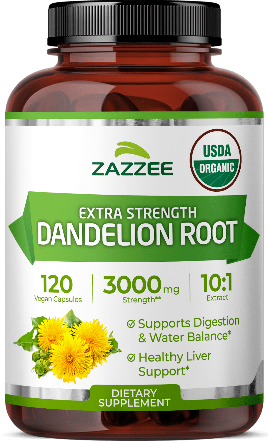 Zazzee USDA Organic Dandelion Root 10:1 Extract 3000 mg Vegan Capsules ...