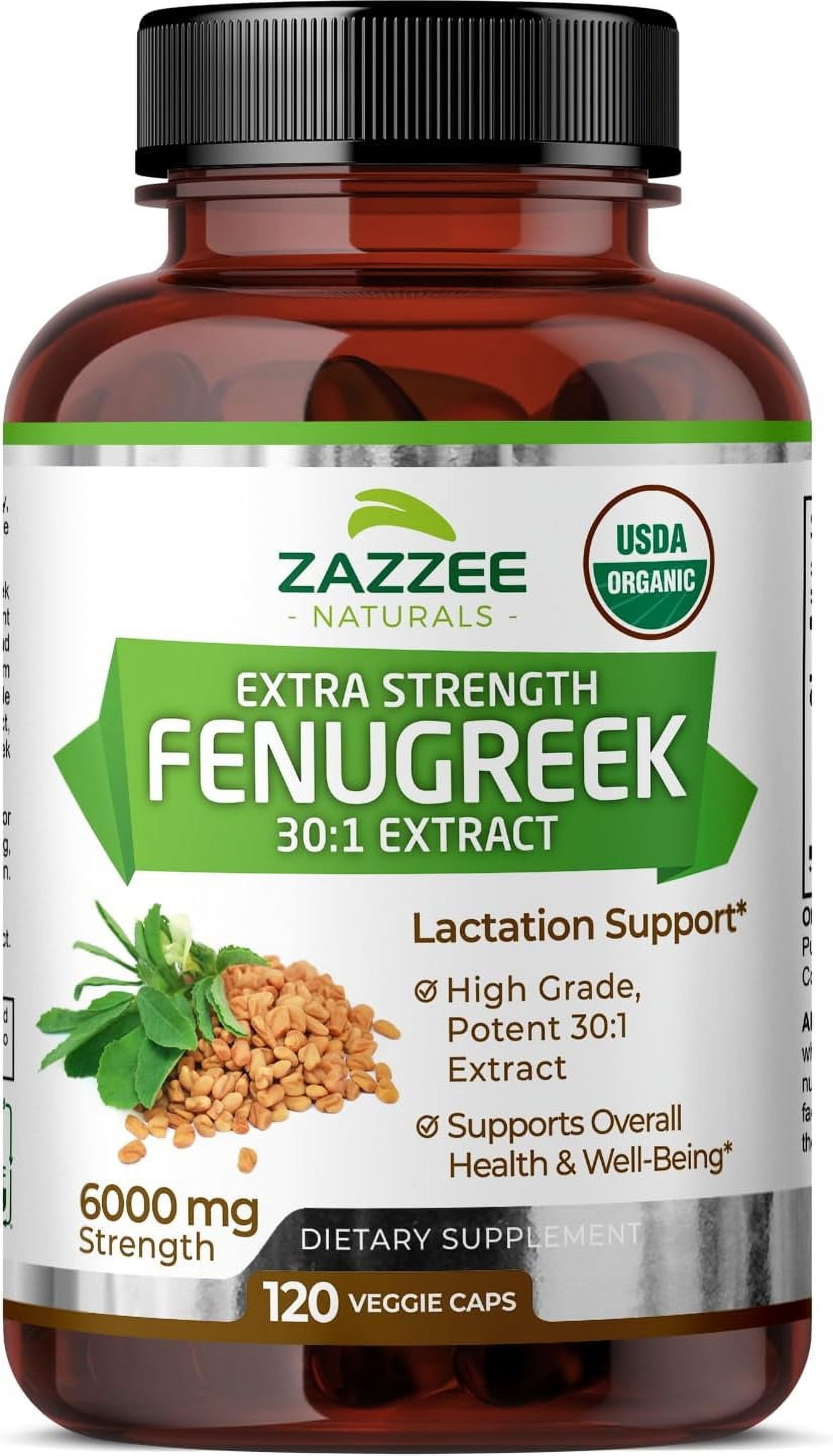 Zazzee Naturals Organic Fenugreek 30:1 Extract 6000 mg Vegan Lactation ...