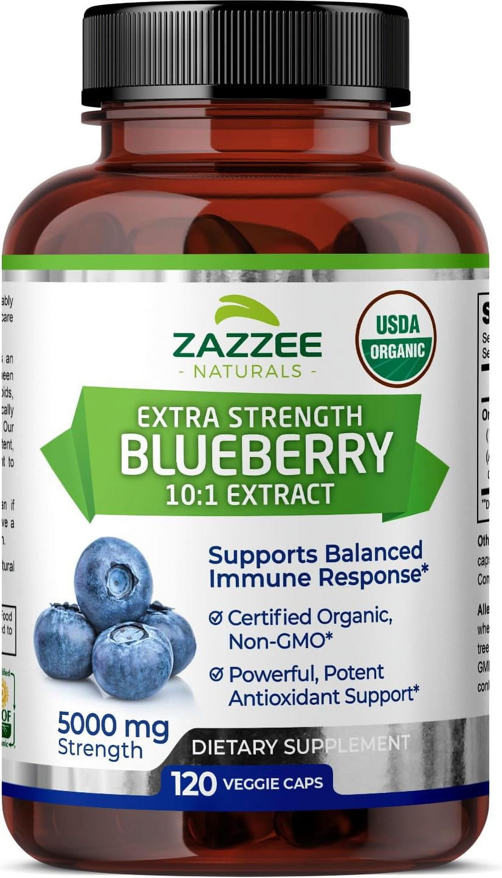Zazzee USDA Organic Blueberry 10:1 Extract, 5000 mg Strength, 4 Month Supply, 120 Vegan Capsules ...