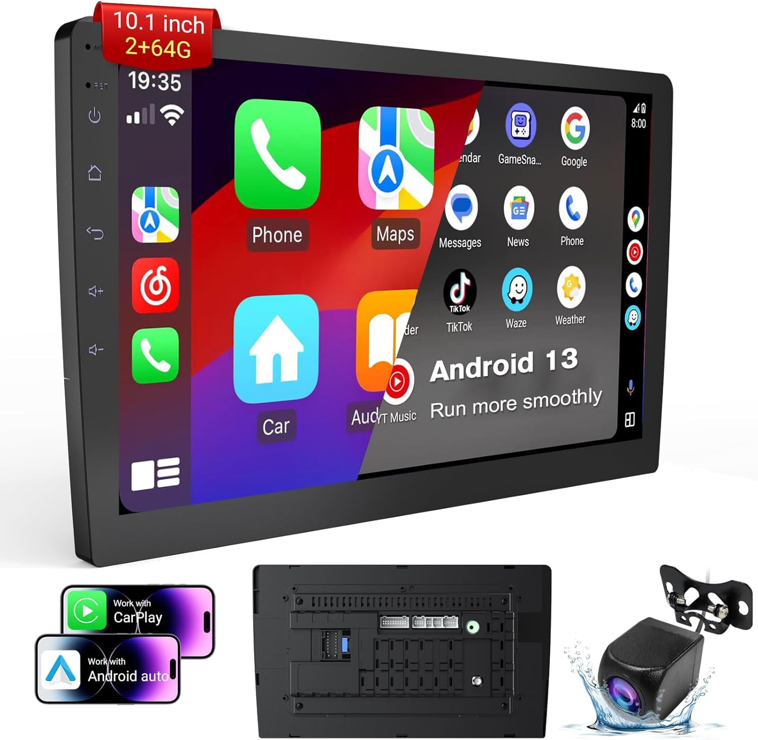 Zcargel 10.1" Android 13 Double Din Car Stereo GPS Navigation, Wireless ...