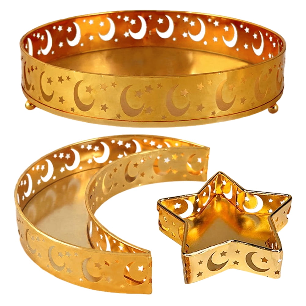 Zcargel 3PCS Eid Serving Trays Metal Crescent Moon Star Pattern Gold 11 ...