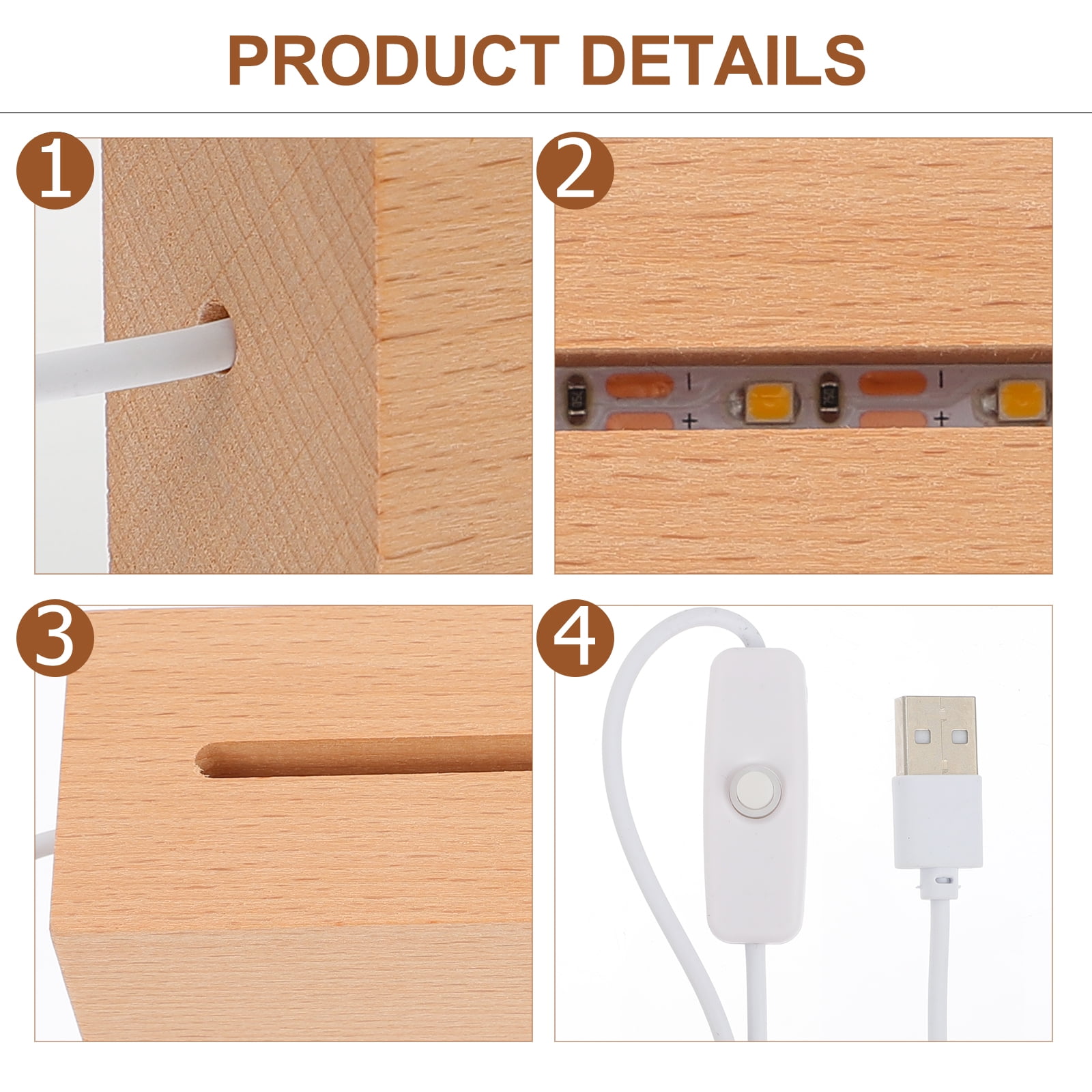Zcyifa Wooden Lighted Base 2pcs USB LED Light Base Wooden LED Lights ...
