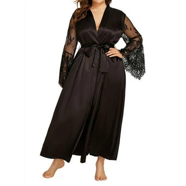 Plus Size Long Sleeve Black Satin Robe - Walmart.com