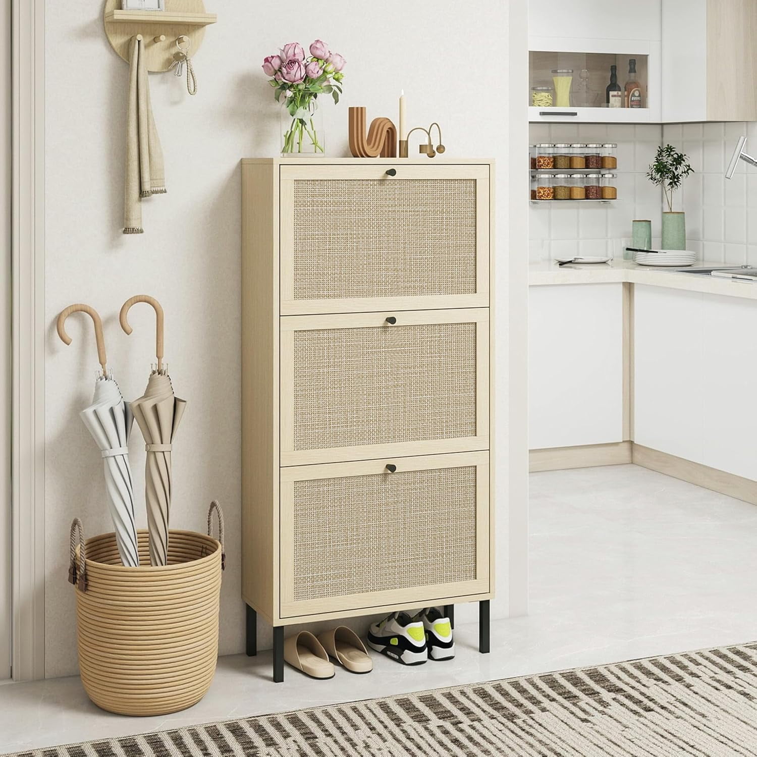 ZeHuoGe Natural Rattan Cabinet with 3 Flip Drawers, Free Standing ...