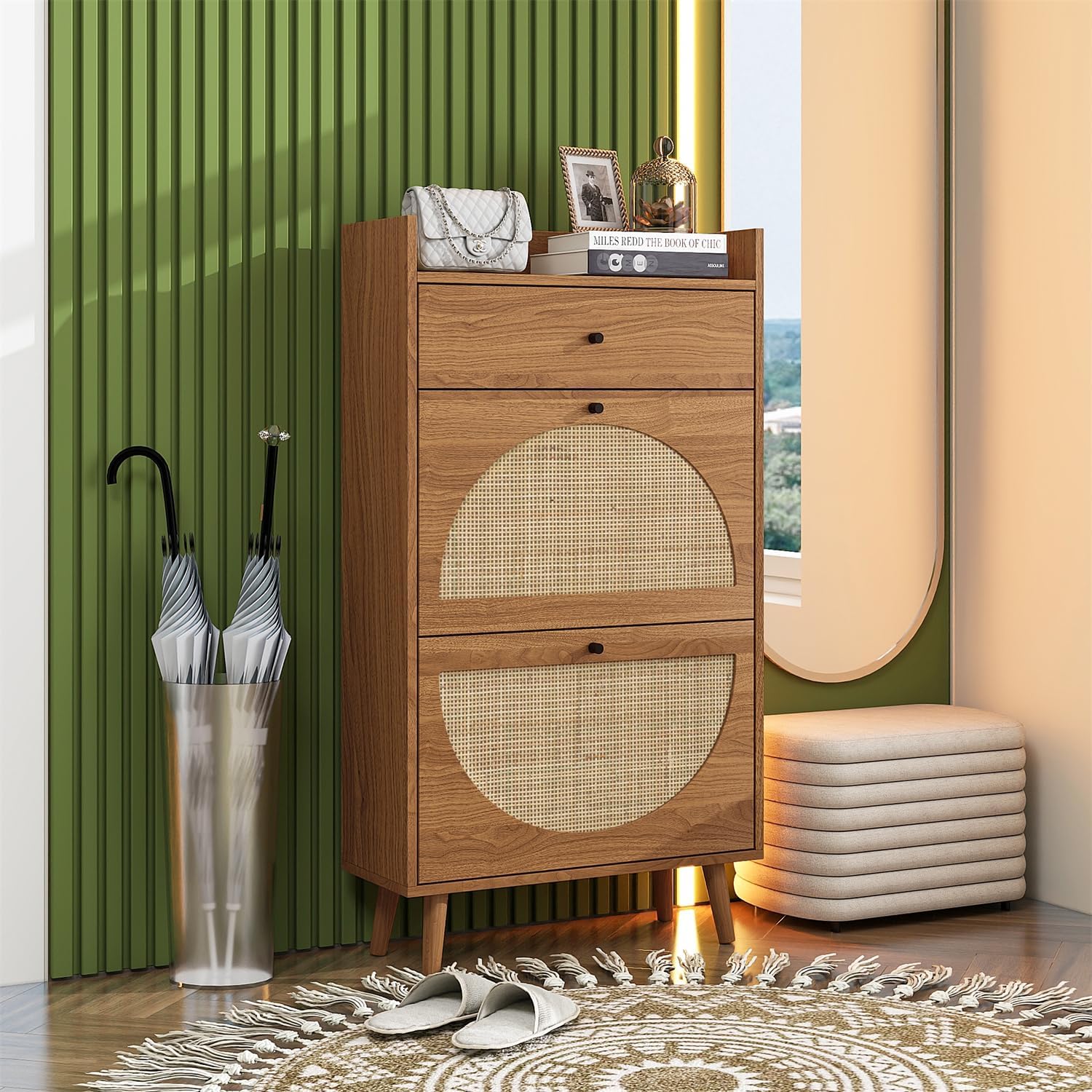 ZeHuoGe Natural Rattan Shoe Cabinet with 2 Flip Drawers, Walnut Shoe ...