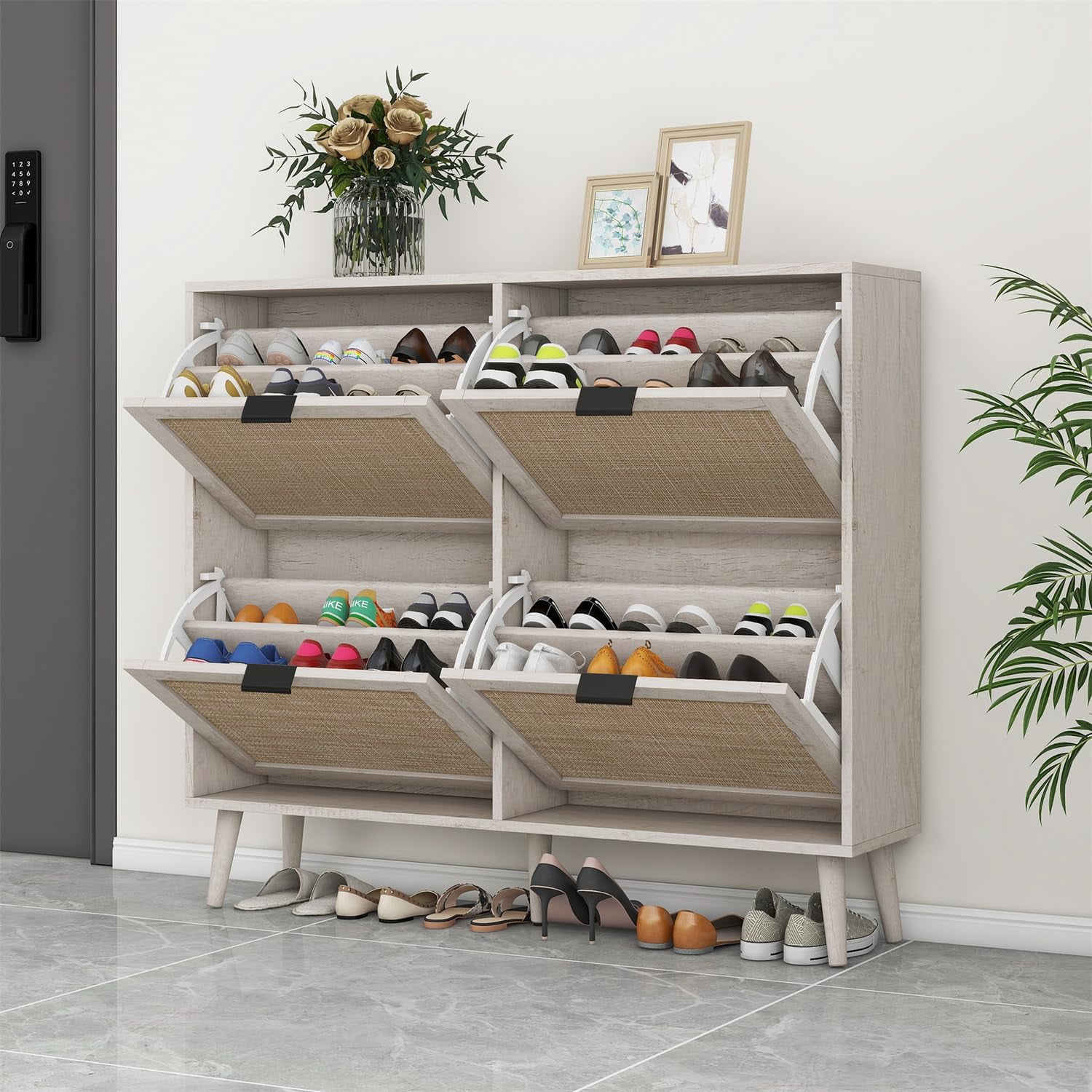 ZeHuoGe Rattan Shoe Cabinet with 4 Flip Drawers, Narrow Hidden Shoe ...