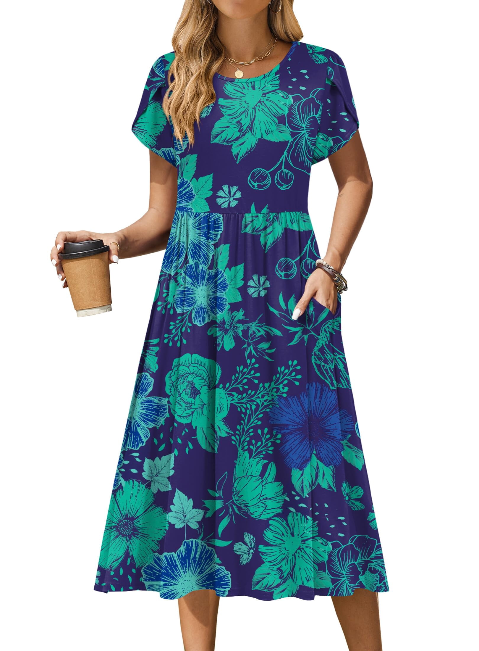 Zeagoo Floral Casual Dresses Modest Tshirt Dress Aline Midi Dress ...