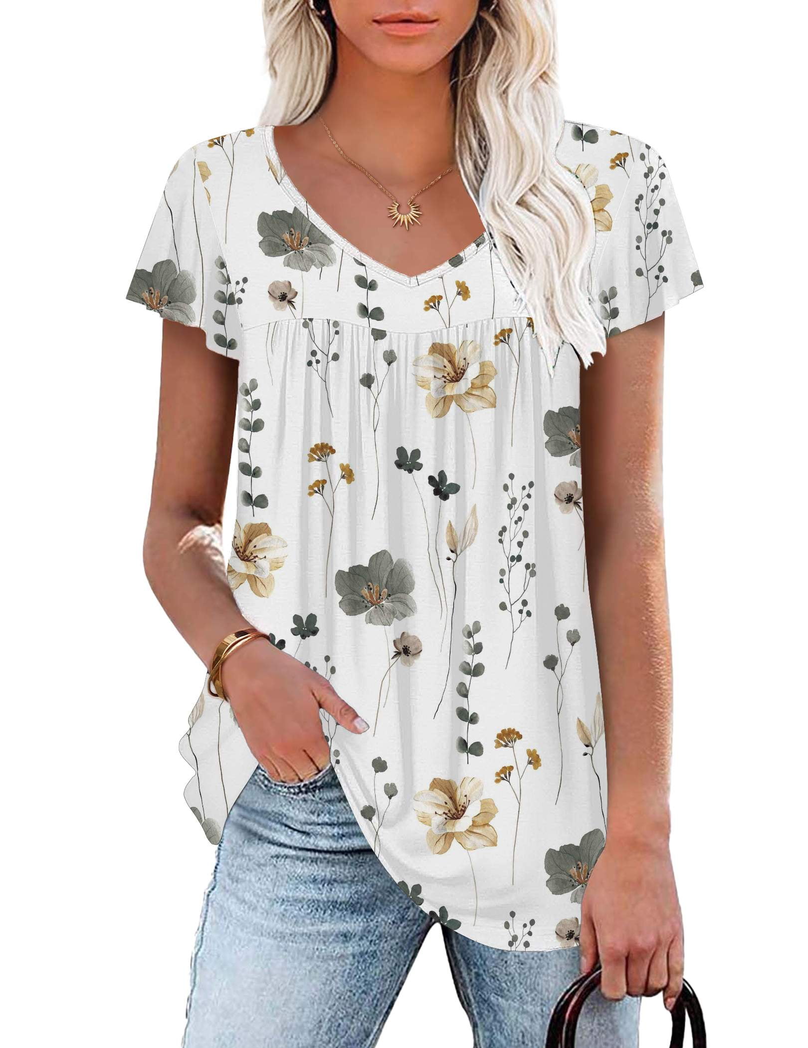 Zeagoo Floral Tops for Women Flowy Blouses Ruffle Sleeve Tunics Boho ...