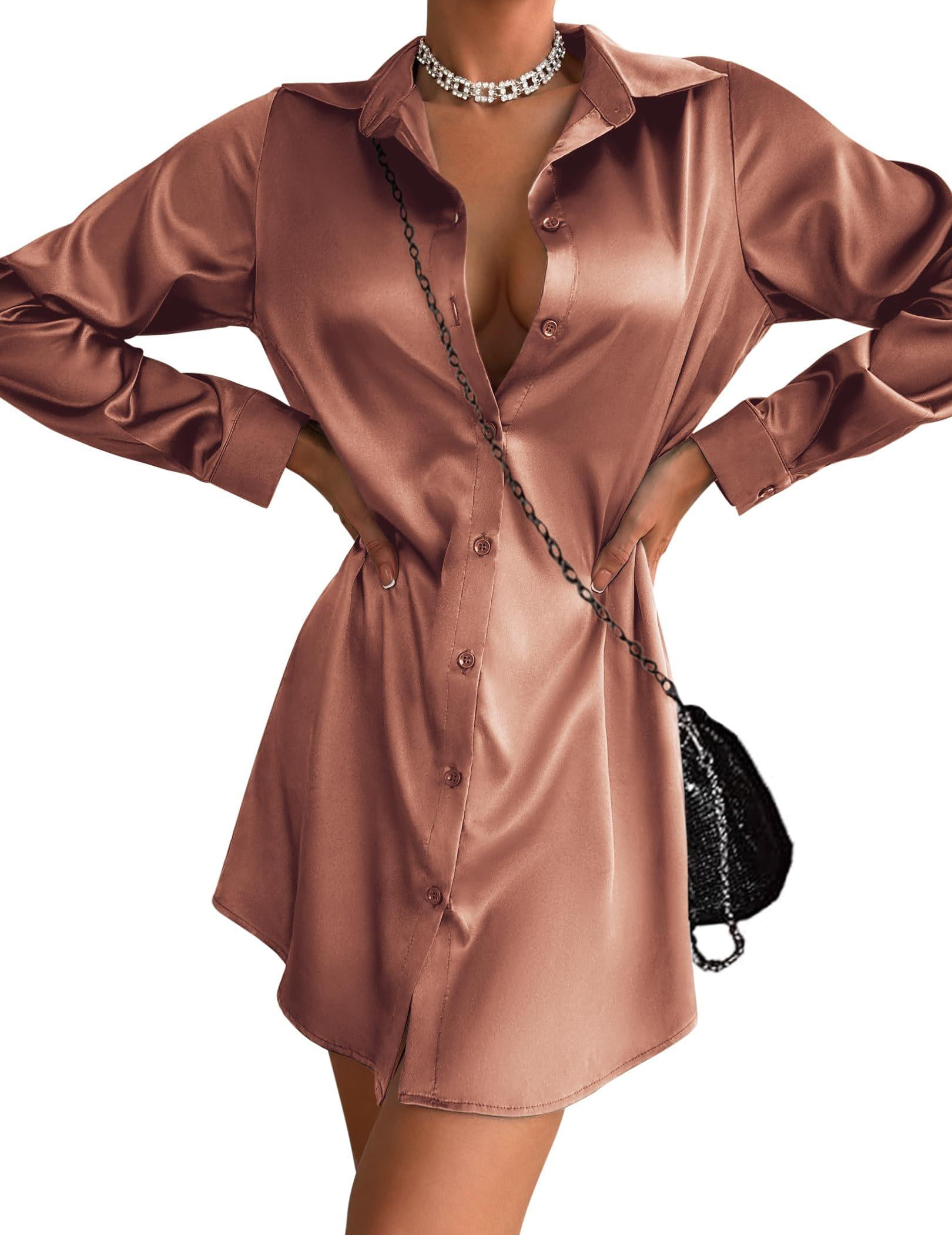 Zeagoo Long Sleeve Dress for Women Stain Silk Button Up Dress Trendy ...
