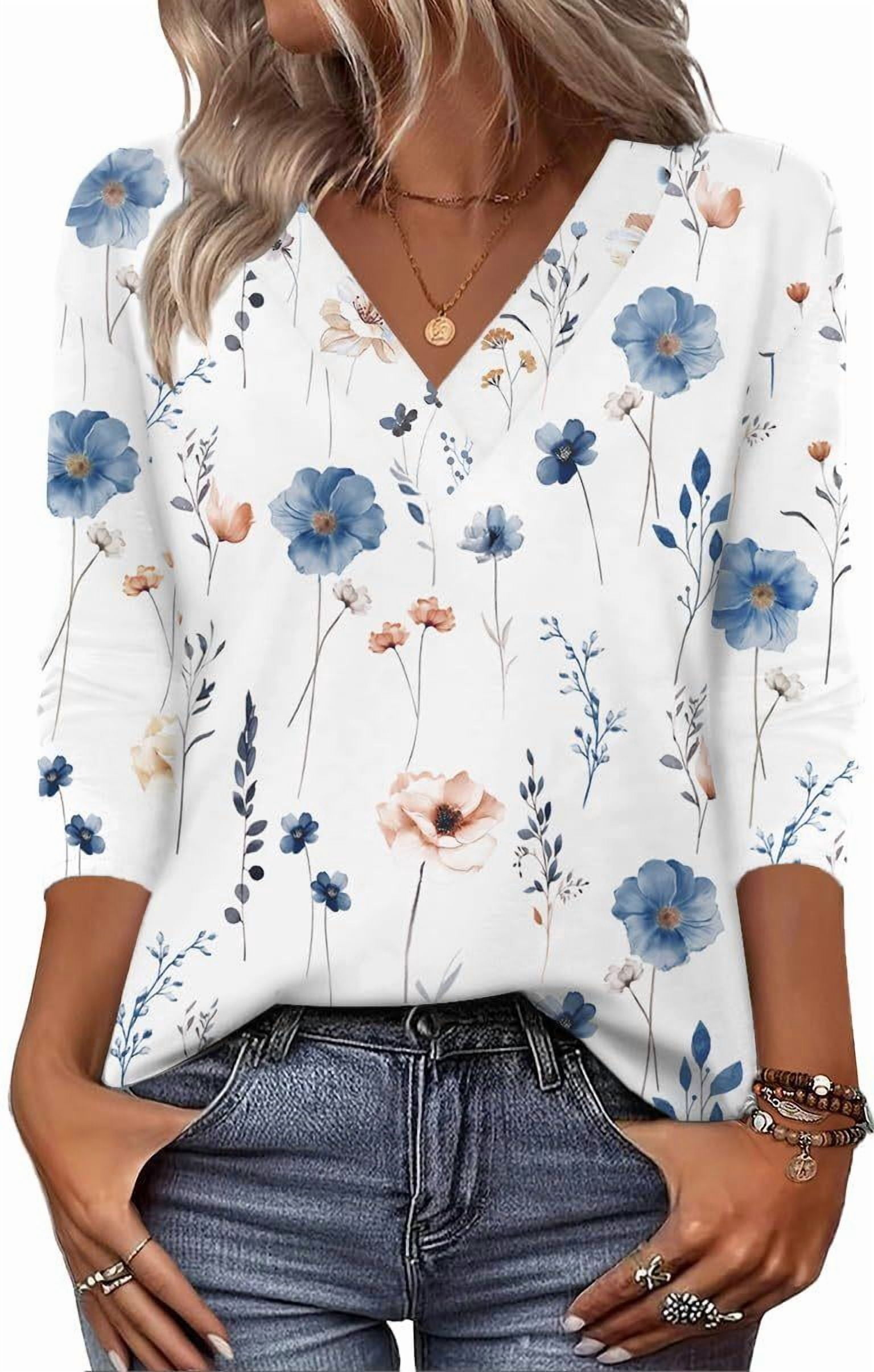 Zeagoo Long Sleeve Tops Women Printed Dressy Casual V Neck T-shirts ...