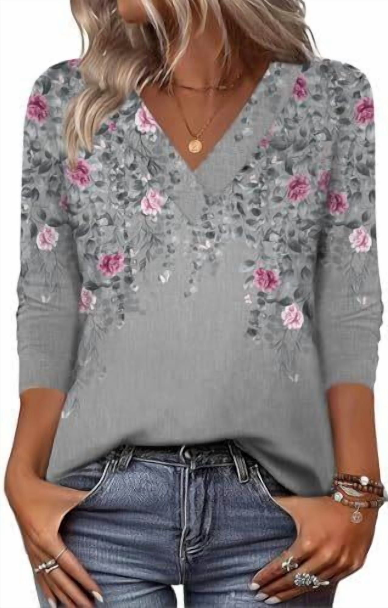 Zeagoo Long Sleeve Tops Women Printed Dressy Casual V Neck T-shirts ...