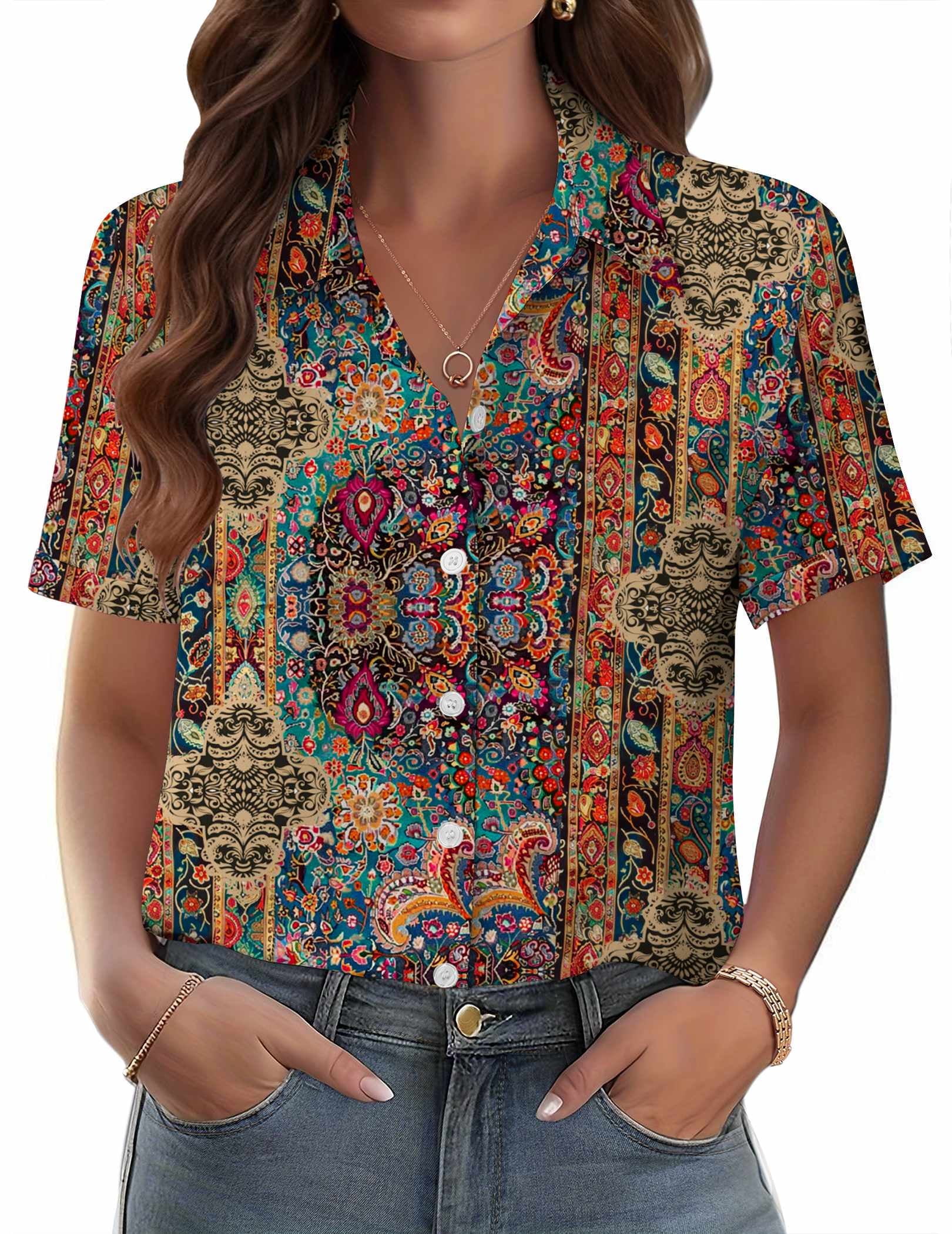 Zeagoo Shirts for Women Trendy Rolled Cuffed Short Sleeve Button Up ...
