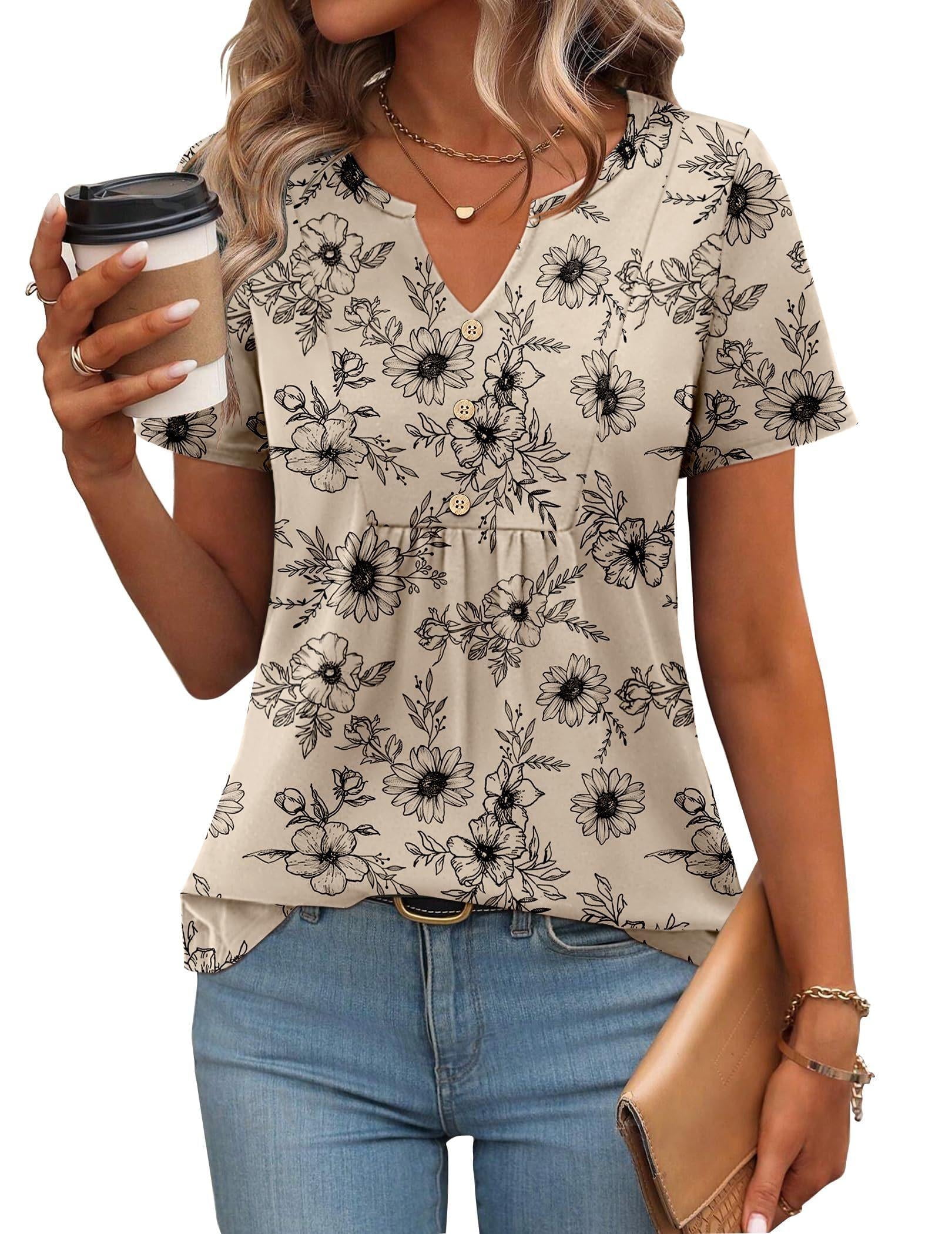 Zeagoo Summer Tops to Hide Belly for Women Short Sleeve Pleated Tshirts ...